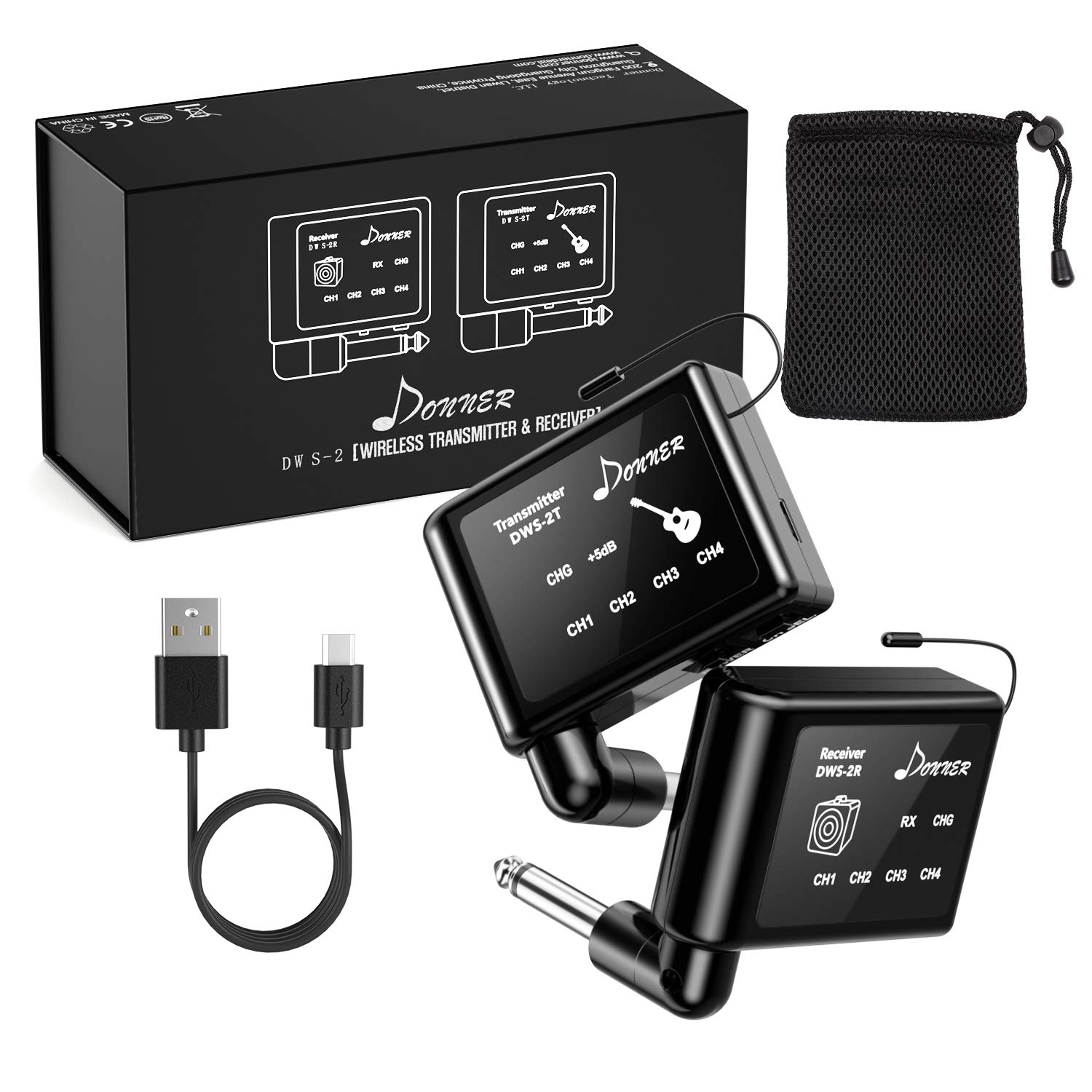 Donner Wireless Guitar System, Upgraded Digital Wireless Guitar Transmitter Receiver, for Electric Guitar Bass Violin Instrument Ultra-Low Latency 200ft Range Rechargeable (DWS-2)