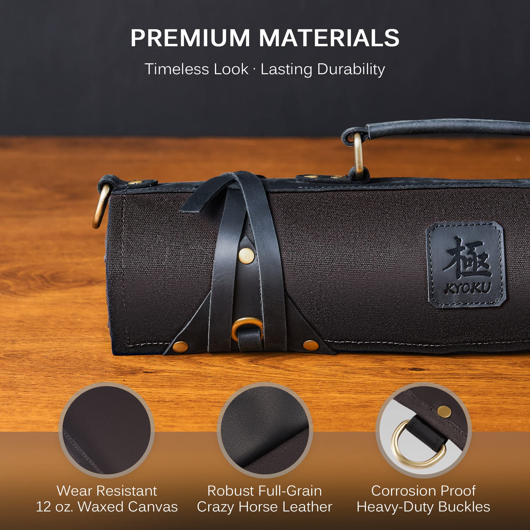 KYOKU Samurai Series Chef Knife + Nakiri Knife + Professional Chef Knife Roll Bag Black