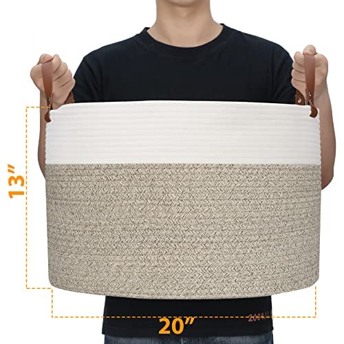 Hombins Large Storage Baskets Cotton Rope Baskets for Storage, 20"X20''X13'' Woven Toy Box Large Blanket Basket for Living Room Storage Laundry Basket with Leather Handle