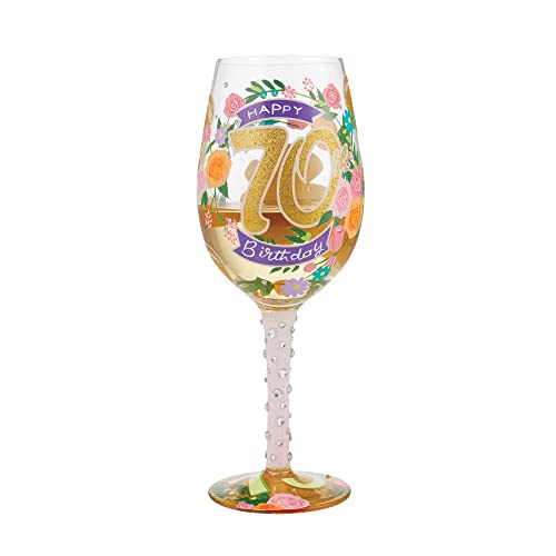 Enesco Designs by Lolita Happy 70th Birthday Hand-Painted Artisan Wine Glass, 1 Count (Pack of 1), Multicolor
