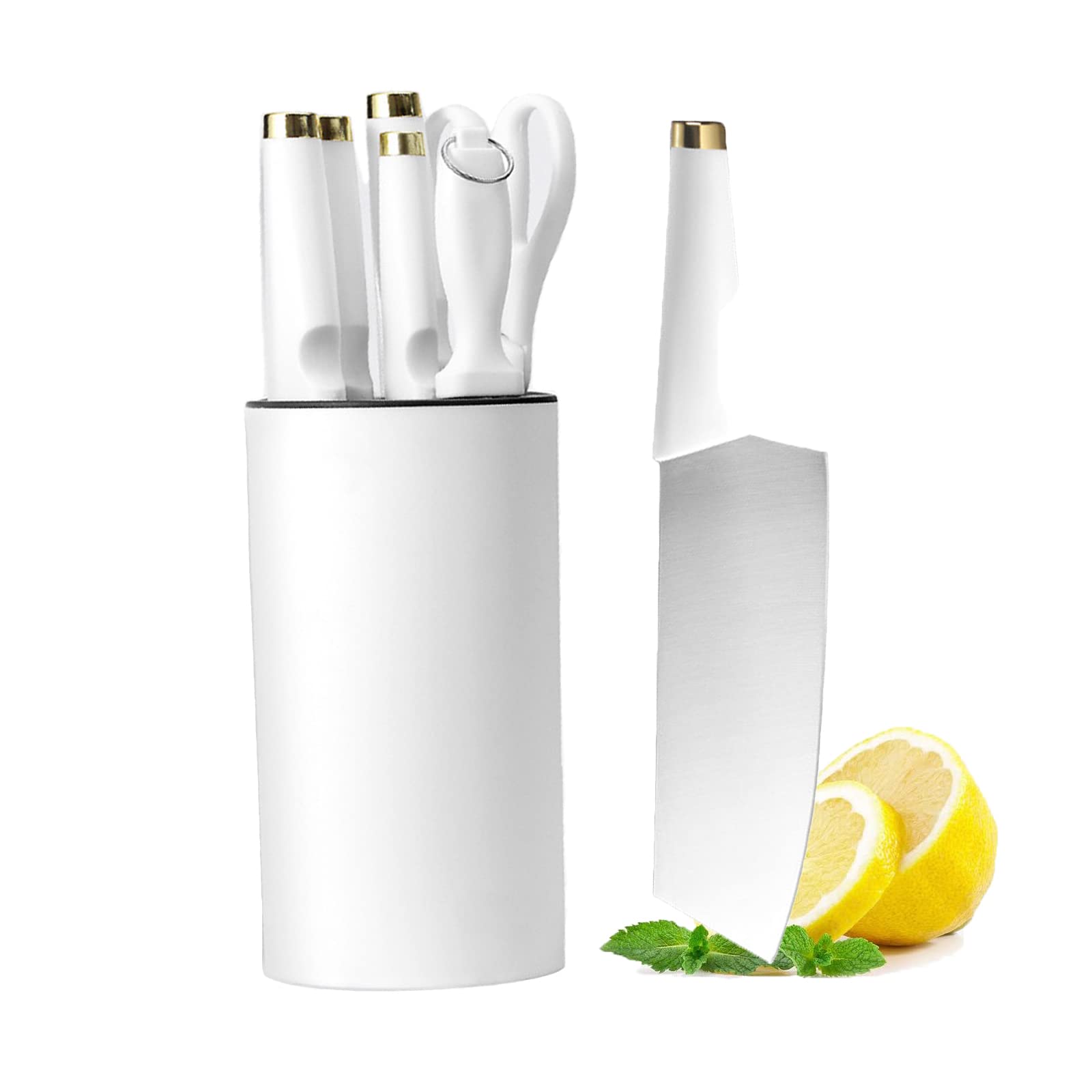 Kitchen Knife Set with Block, Retrosohoo 7-Pieces High Carbon Stainless Steel Chef Knife Sets,White Knife Set with Sharpener Scissors for Cutting Slicing Dicing Chopping (White)