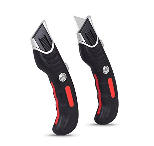 Internet's Best Ergonomic Utility Knife - Set of 2 - Retractable Razor Knife Set - Box Cutter Locking Razor Knife - Storage Pouch Extra Blade Refills - Quick Blade Change - Black