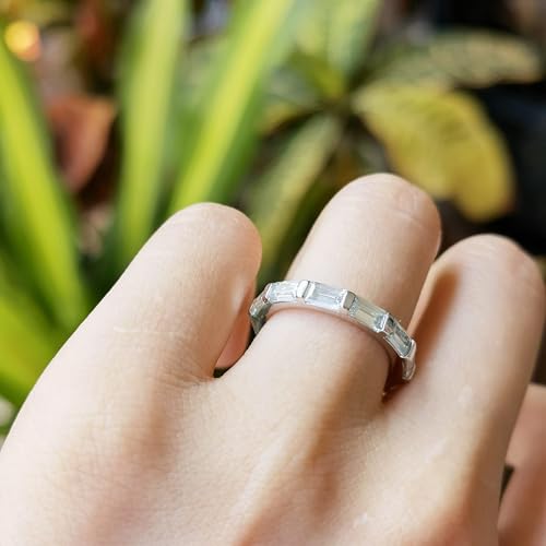 DovEggs Baguette Emerald Cut 4.5CTW Total 3X5mm Light Blue Moissanite Lab Grown Diamond Half Eternity Moissanite Wedding Band 14k Gold QUALITY Silver Engagement Ring Band Width 2.7mm (9)