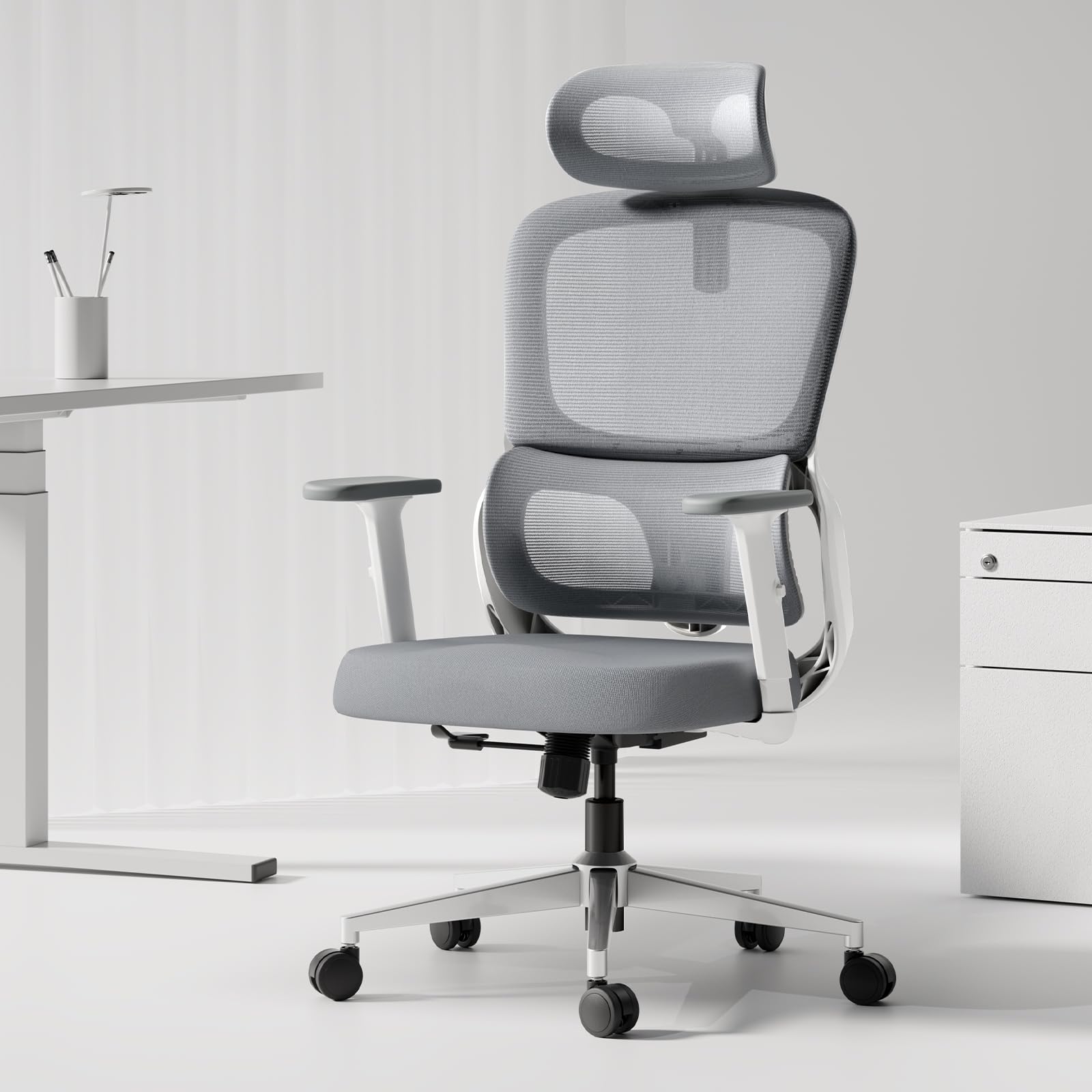 Hbada P2 Ergonomic Office Chair with 3D Lumbar Support, Big and Tall Mesh Chairs with Adjustable 3D Arms, Headrest & Comfortable Seat, Home Office Desk Chair, White