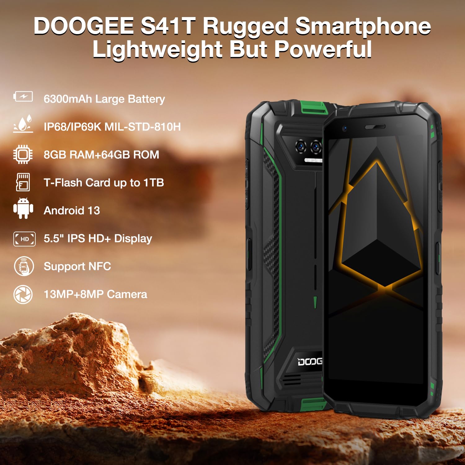 DOOGEE S41T Rugged Smartphone Unlocked 2024,6300mAh Battery,8GB+64GB,4G Dual Sim Rugged Phone,Android 13 Phone,13MP Camera,IP68 Waterproof Cell Phone,Face Unlock,NFC/T-Mobile,GREEN