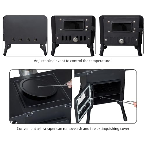 Kcelarec Camping Tent Stove with Chimney Damper | Folding Camping Wood Burning Stove Grill for Outdoor Cooking | Stainless Steel Grill