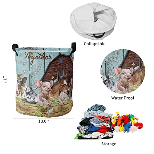 Laundry Basket Rural Life with Pig Cow Donkey Cat Rabbit,Waterproof Collapsible Clothes Hamper Farm Animals Retro Barn Door,Large Storage Bag for Bedroom Bathroom 13.8x17In
