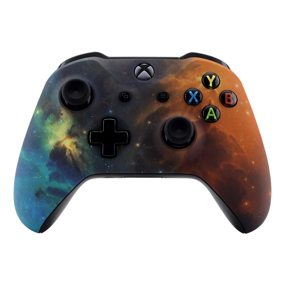 eXtremeRate FlashShot Trigger Stop Bottom Shell Kit & Orange Star Universe Patterned Faceplate Shell for Xbox One S & Xbox One X Controller Model 1708 - Controller NOT Included