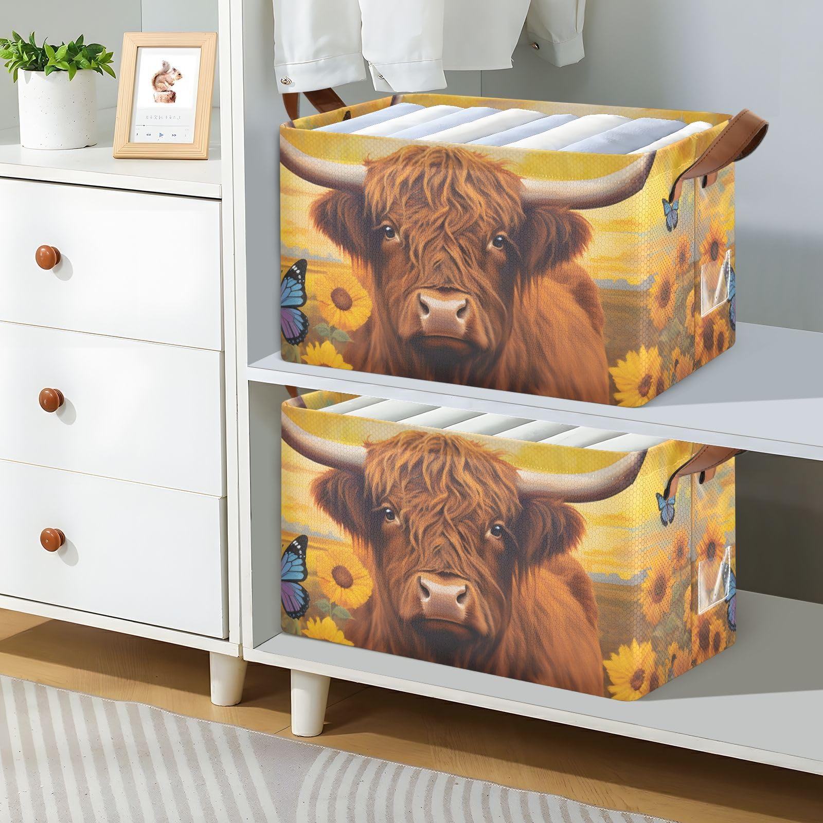PDZRMY Open Storage Bin Blue Butterfly Highland Cow Large Foldable Storage Box Storage Basket Organizer Bins with Leather Handles for Shelf Closet Bedroom Living Room Office Home 1 Pack
