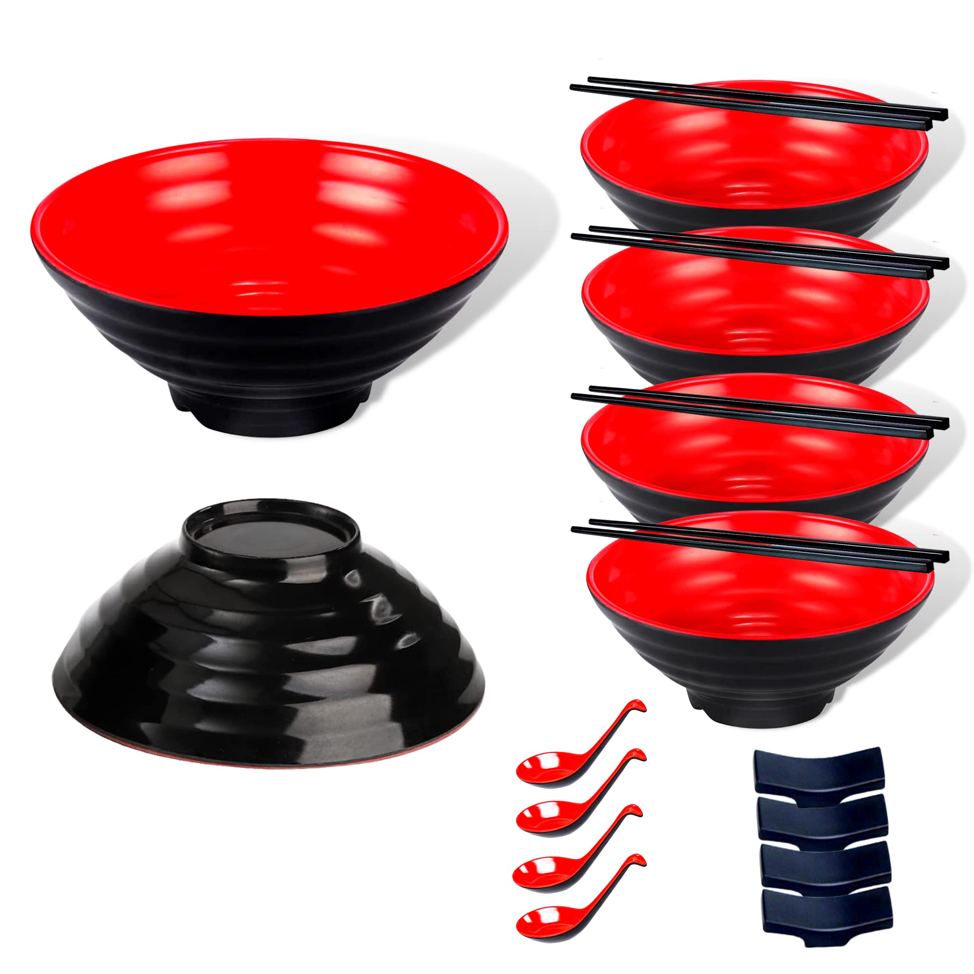 IKIGAI, Ramen Bowl with Chopsticks and Spoon Set of 4 (20 pcs) - 32 and 42OZ Large Melamine Noodle Soup Bowl Set -Pho Bowls and Spoons Set For Ramen, Pho & Soup (32 OZ)