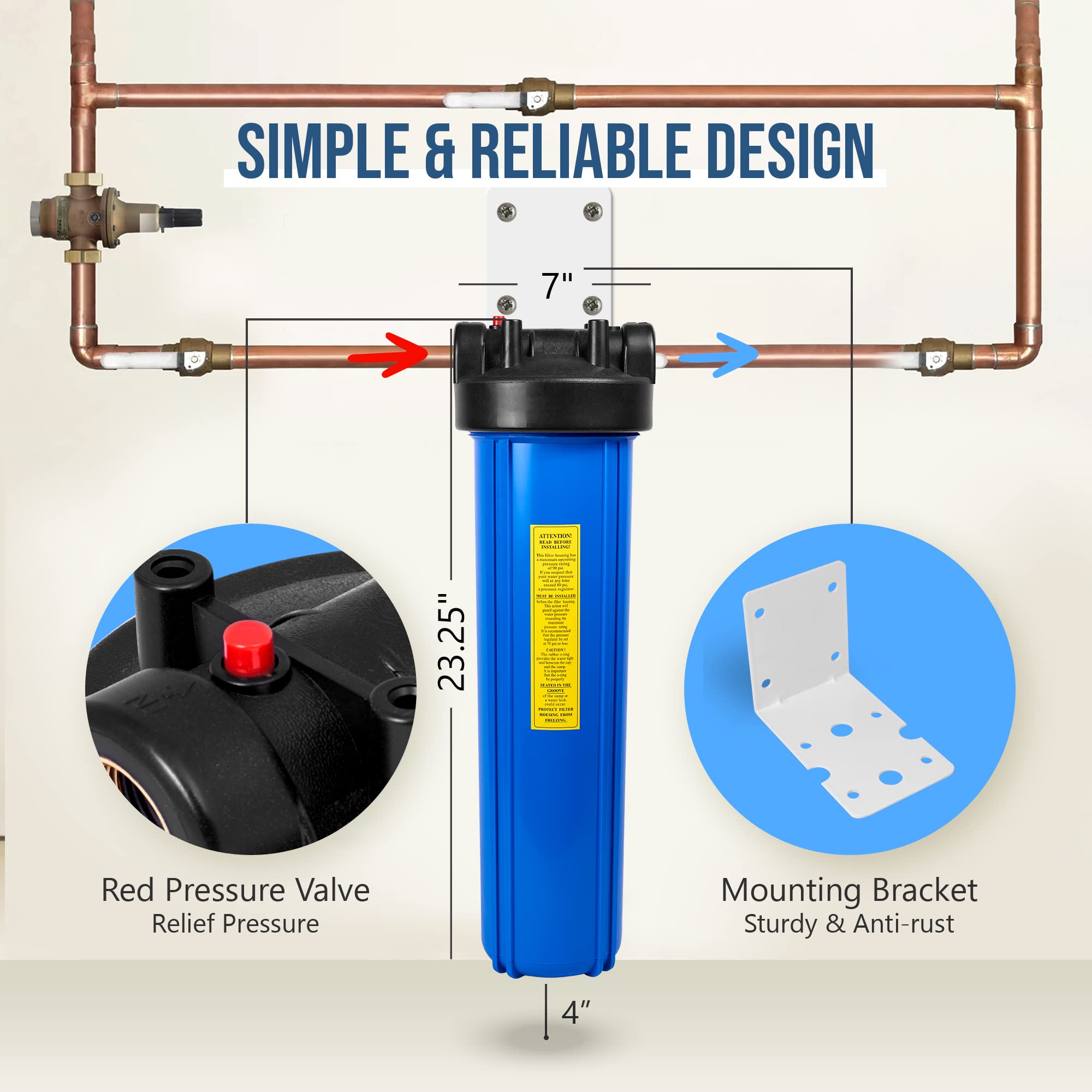 High Capacity 20 x 4.5” Blue Whole House Water Filter Purifier System with Presser Relief Button, 1” Inlet/Outlet Brass Port & Yearly Supply (3) Coconut Shell Activated Block Carbon Cartridges