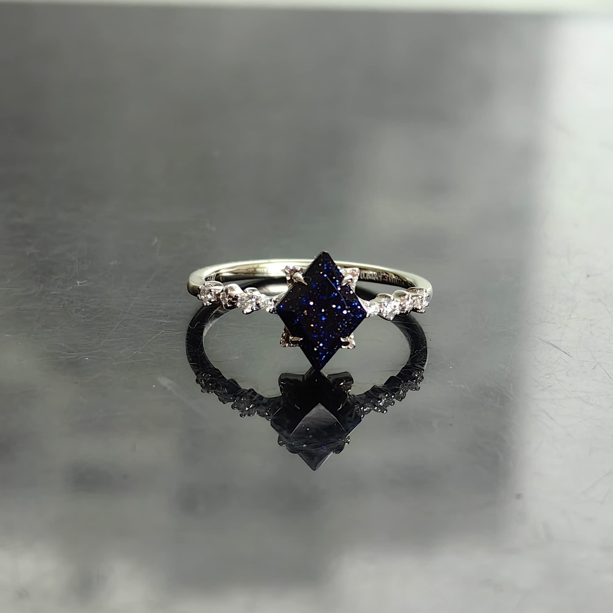 DovEggs Solid 14K White Gold Center 5x7mm Galaxy Blue Sandstone Kite Shape Gemstones Antique Floral Engagement Ring with Moissanite accents for Women Band Width 1.5mm(6.5)