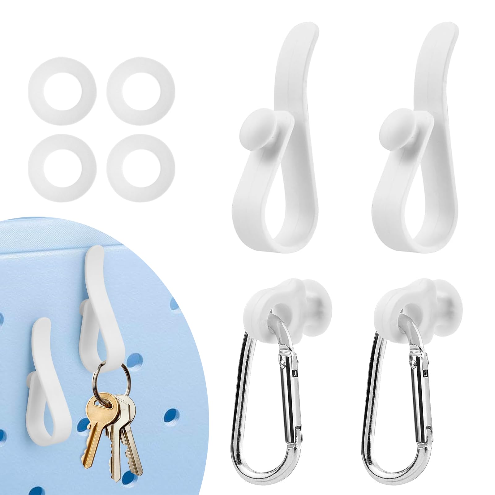 MEFFWSOER 4 PCS Key Holder for Bogg Bag, Insert Carabiner Key Chain and Hooks for Tote Bag Finding Your Keys Glasses Earphones Quickly (White)