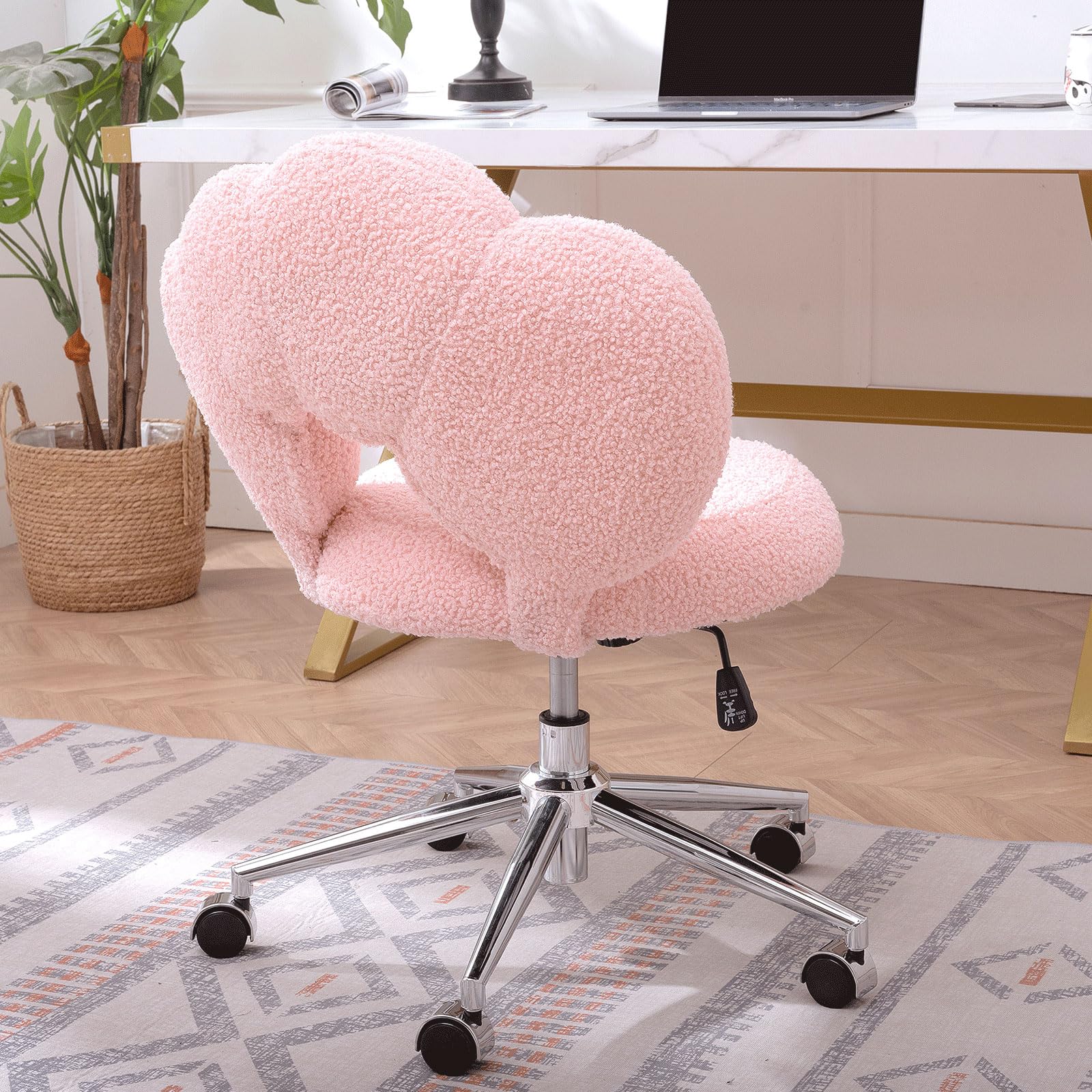 Home Office Chair Criss Cross Chair with Wheels, Upholstered Chairs with 360 Swivel, Height Adjustable Swivel Computer Task Chairs for Living Room, Bedroom, Vanity, Study(Pink)
