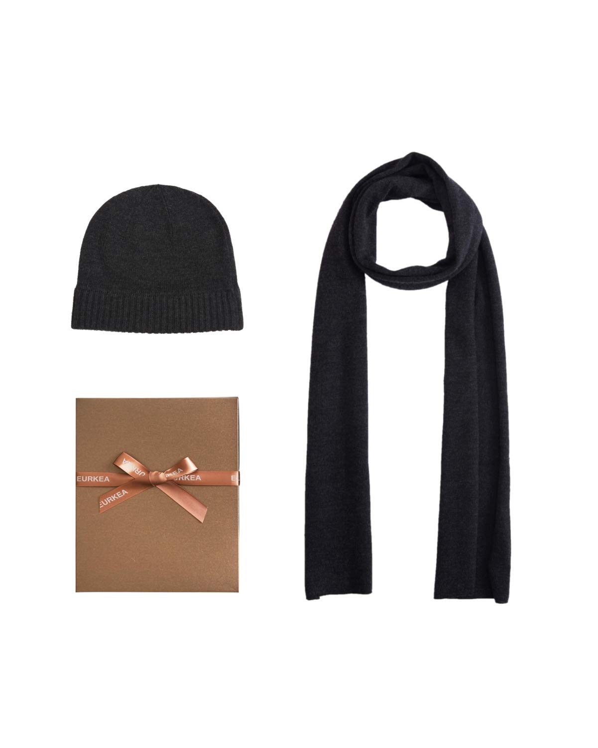 EURKEA Men's 100% Merino Wool Scarf, Beanie Hat Gift Box Set Charcoal