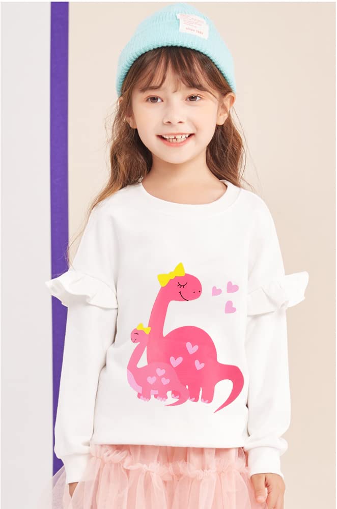 Little Hand Toddler Girls Shirts Dinosaur Heart Shirts Long Sleeve Ruffle Toddler Pullover White Sweatshirt 5t