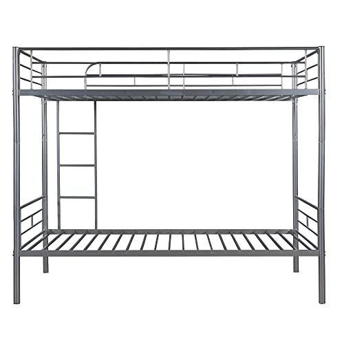 KELRIA Twin-Over-Twin Bunk Beds, Metal Bedframe Durable Steel Constructuin, Safety Ladder Rungs and Guard Rail, for Bedroom, Dormitory, Kids/Teens/Adults, (Sliver)
