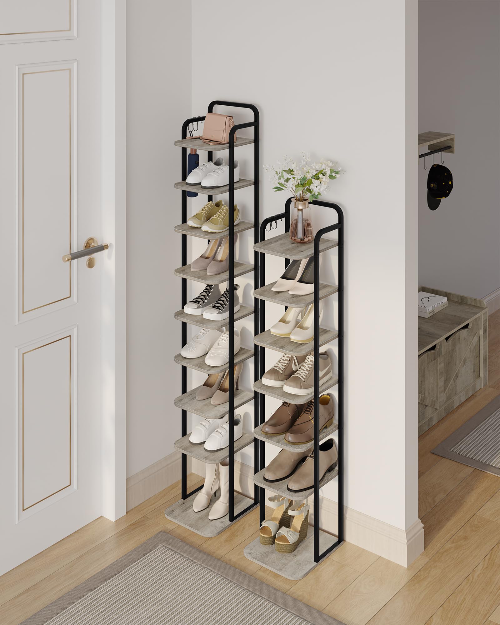 Hzuaneri Vertical Shoe Rack, Shoe Shelves, Wood Shoe Organizer for Closet, Entryway, Shoe Tower for Small Spaces, Free Standing, Adjustable, with 2 Hooks, 7 Tier Greige SR20205B