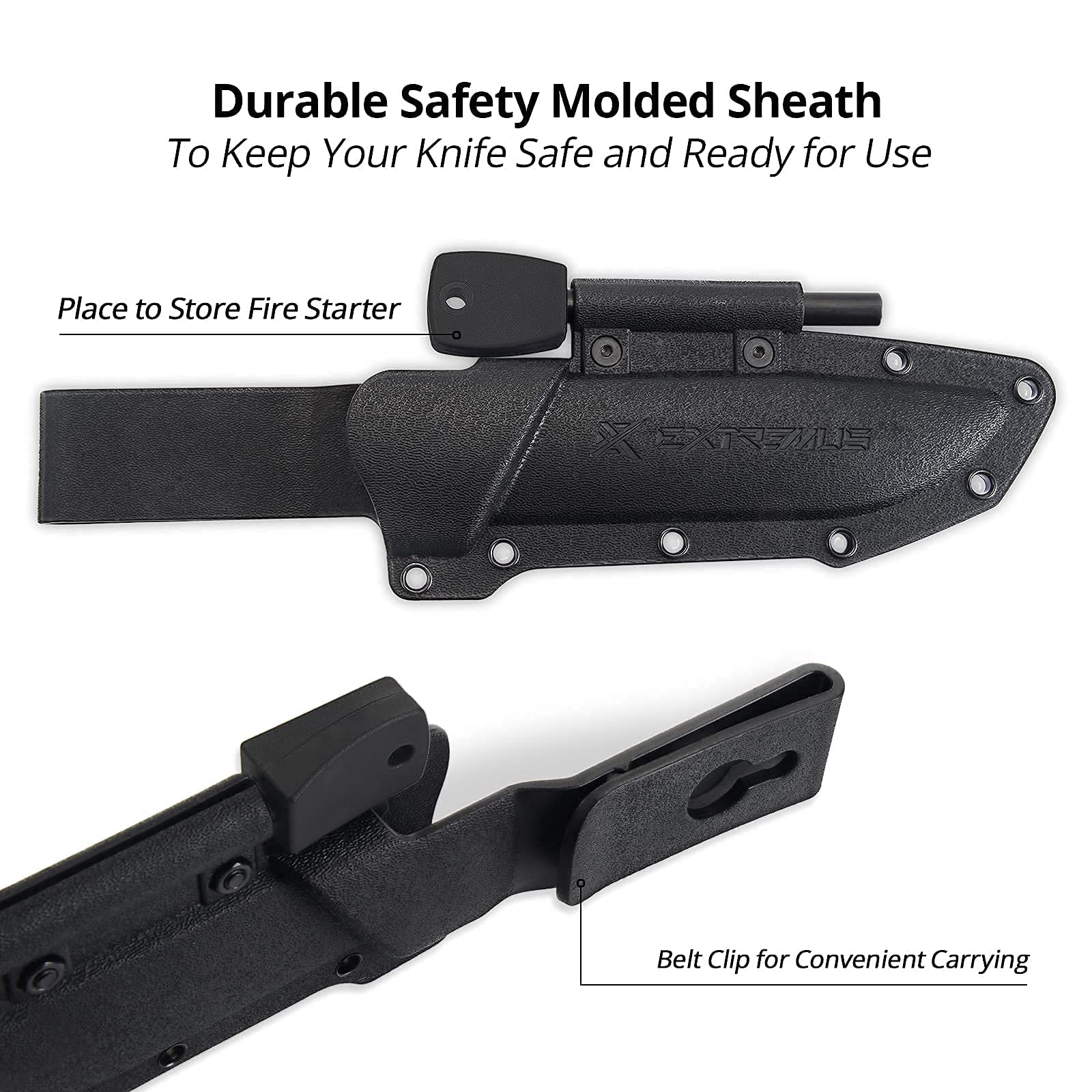 Extremus Camping Knife, Fixed Blade Outdoor Knife with 7CR17 Stainless Steel Blade, 3.5-Inch, Hunting Knife with Firestarter, TPR Molded Non-Slip Handle, Molded Safety Sheath, Paracode Lanyard