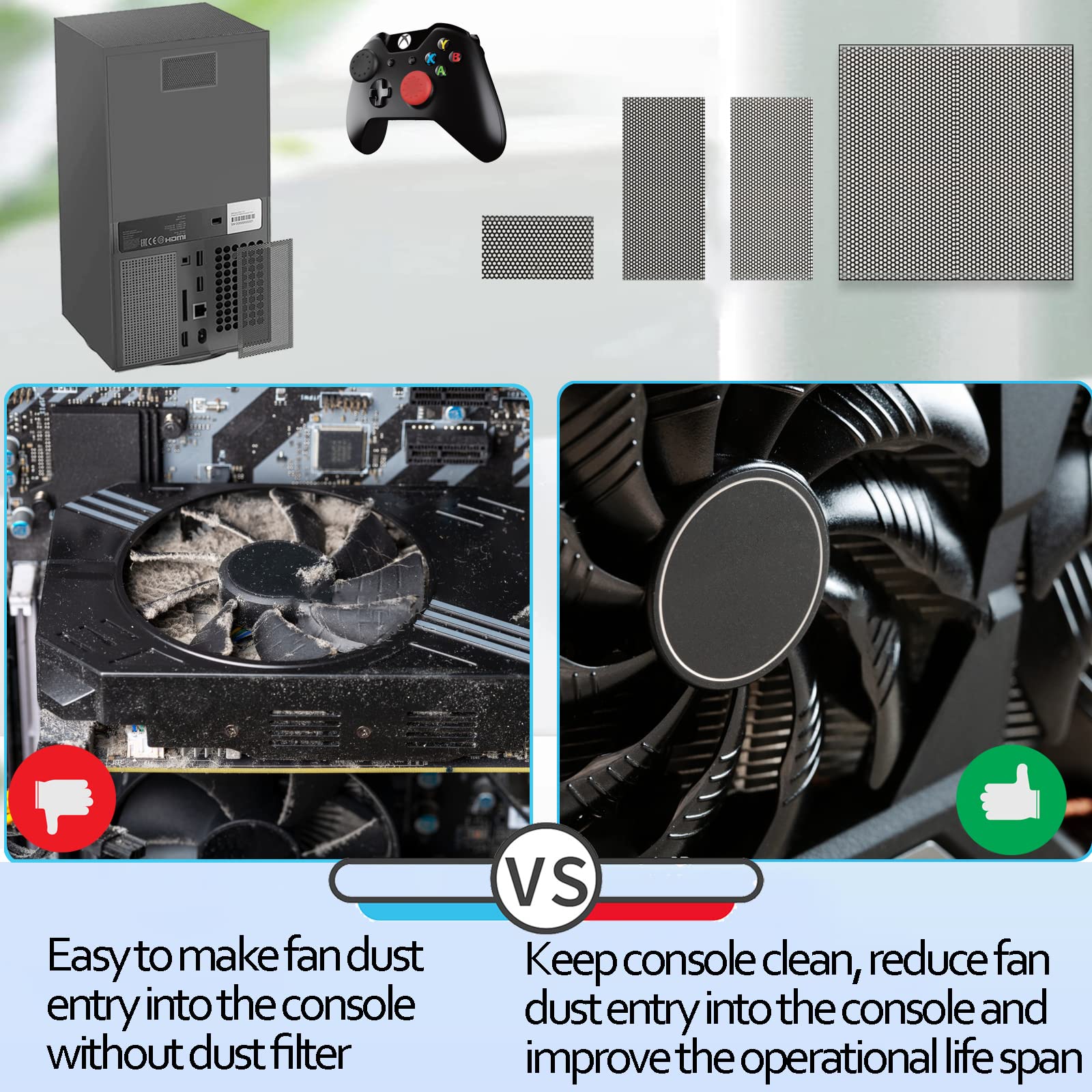Dust Filter for Xbox Series X, 2 Sets Vent Dust Filter Cover Dust Cover Vent Cover Dust Proof Filter Cover Cooling Fan Filter Mesh Dustproof Cover with 4 Thump Grip Caps Compatible with Xbox Series X