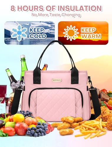 ESMNOAN 13L Large Insulated Lunch Bag, Leak Proof Lunch Box for Women with Bottle Holder & Adjustable Shoulder Strap, Lunch Cooler Bag for Work Picnic Beach, Pink