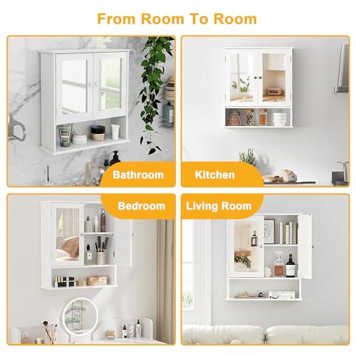 JUQUANBH Bathroom Wall Cabinet, Medicine Cabinets for Bathroom with Doule Mirror Doors 3 Open Shelf, Wooden Bathroom Storage Cabinet