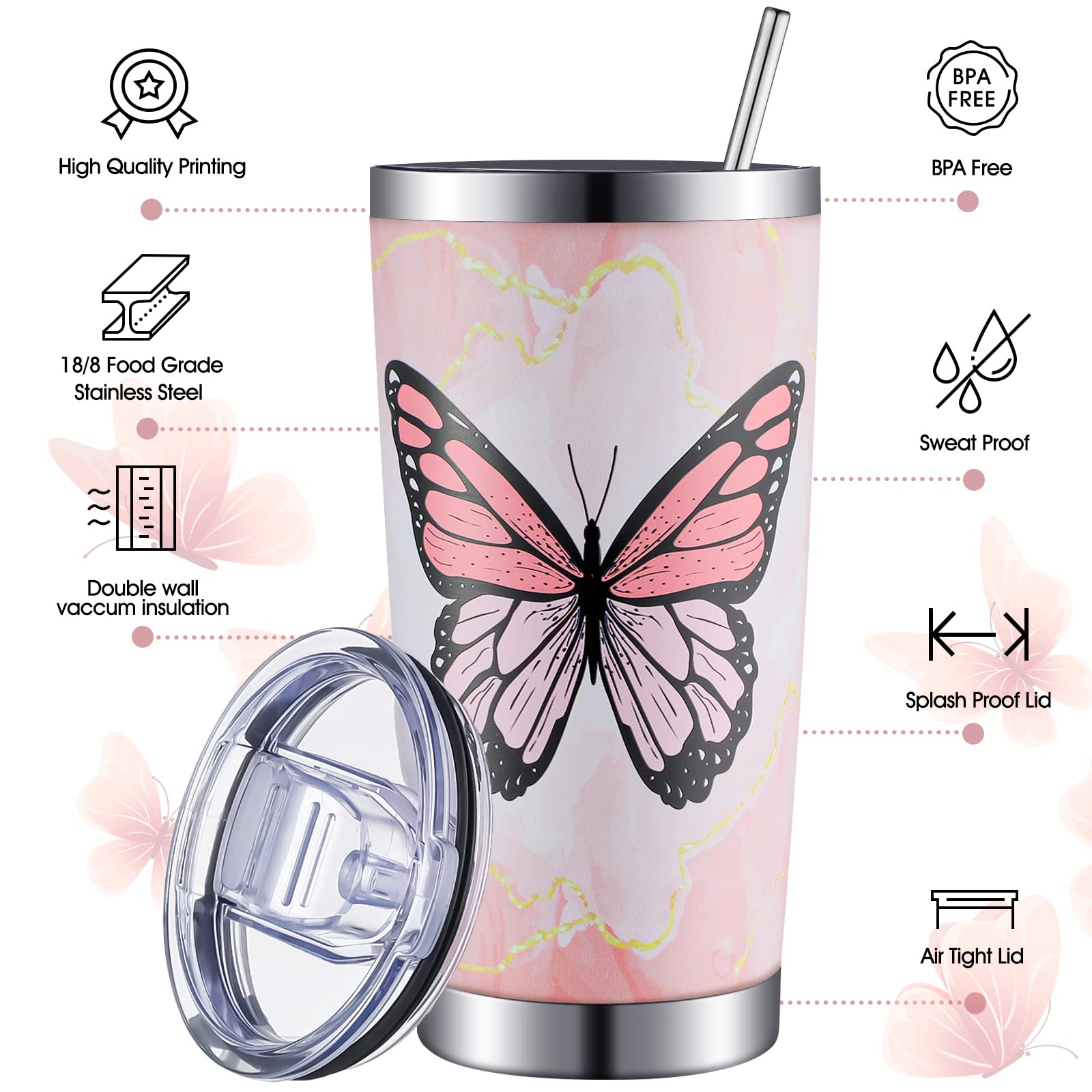 Funtery Valentine's Day Gifts 20 oz Pink Butterfly Tumbler Gifts for Women Nana Inspirational Birthday Gifts from Daughter Son Mom Gifts Mother's Day Pink Gifts Thank You for Mom Friends Wife
