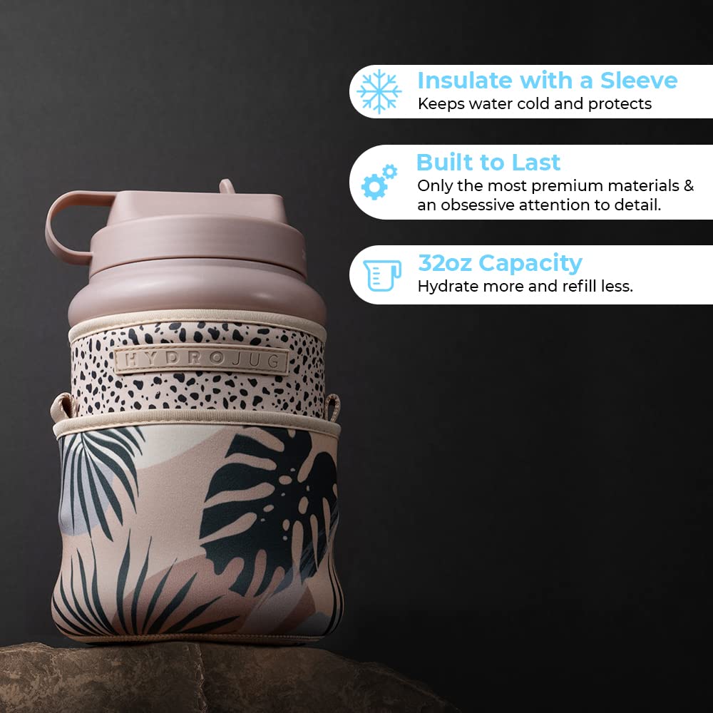 HydroJug Mini Bundle: 32oz Water Bottle Sleeve & Straw - Dishwasher Safe Reusable Durable BPA Free Plastic w Integrated Handle and Carry Loop - Leak Proof Seal -Kids and Adults (Black Marble on Black)