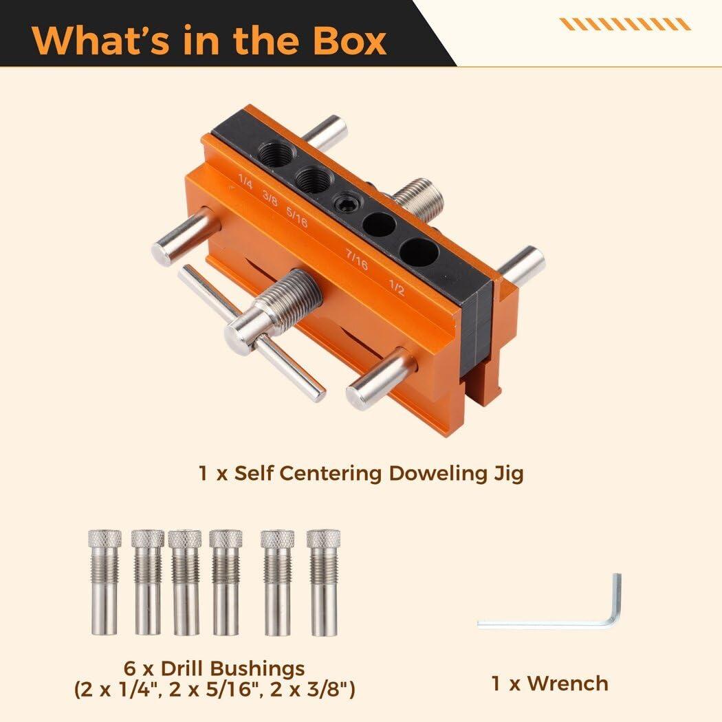 Doweling Jig Kit With 6 Bushings, Self Centering Drilling Guide, Adjustable Width Punching Locator, Straight Holes Woodworking Locator Joint Tool