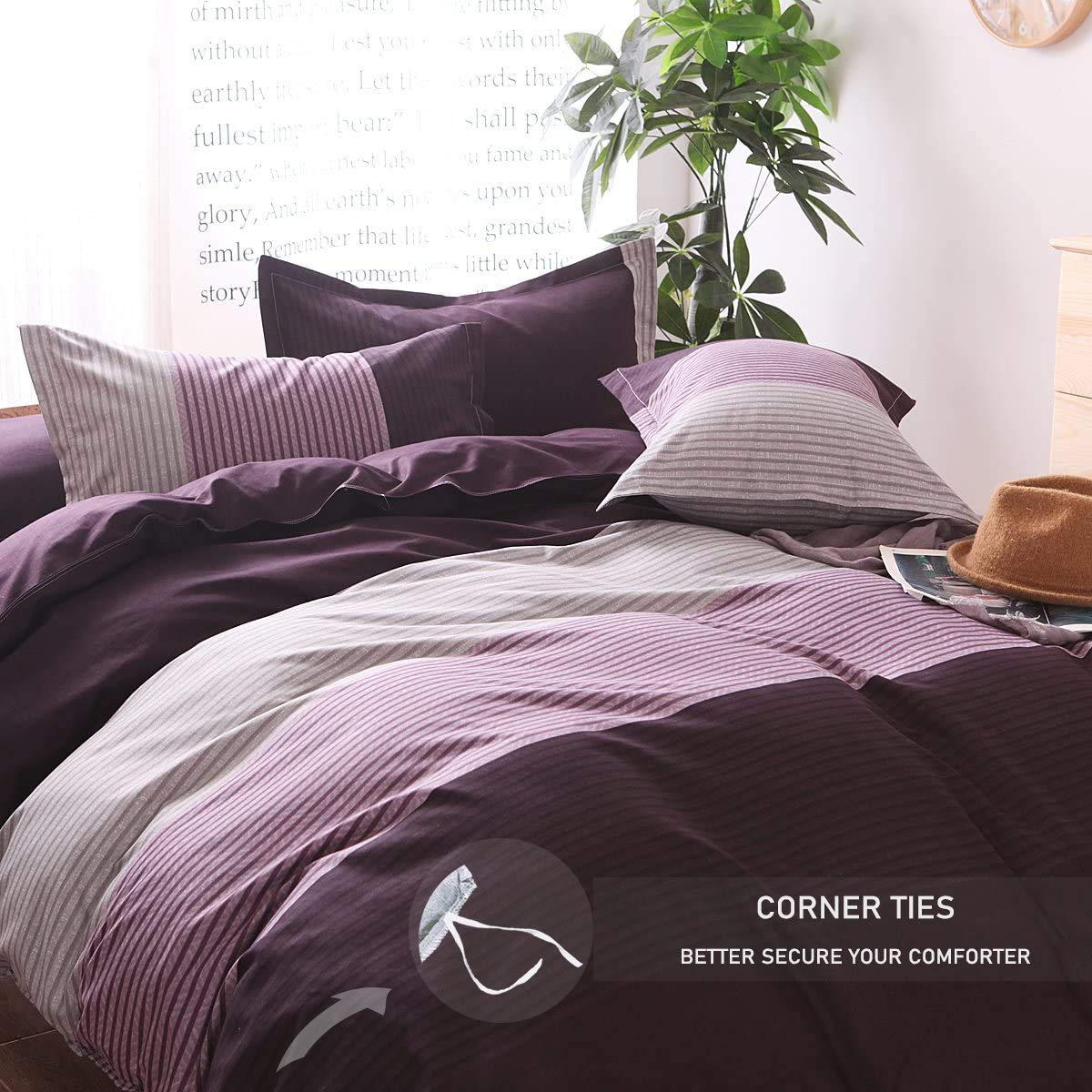 Tenghe Stripe Colorblock Print 3 Pcs Duvet Cover Sets Soft Reversible Bedding Cover Brushed Microfiber Full Queen Size(King,Purple Stripe)