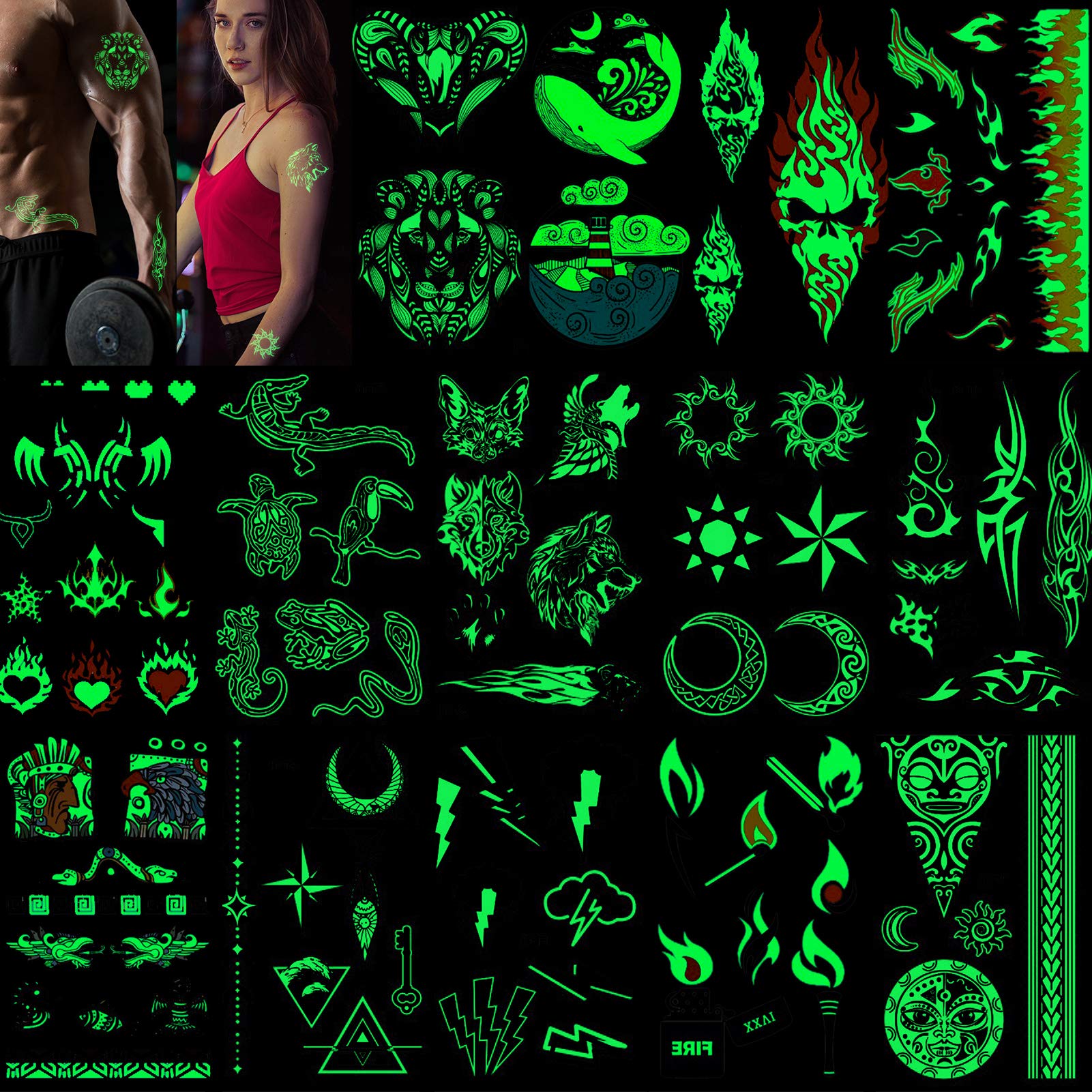 HOWAF Glow in Dark Temporary Tattoos for Adult Men Women Kids(14 Sheets), Waterproof Temporary Tattoo Moon Sun Wolf Lion Totem Fake Tattoos Body Art Sticker Arm Hand Neck Wrist