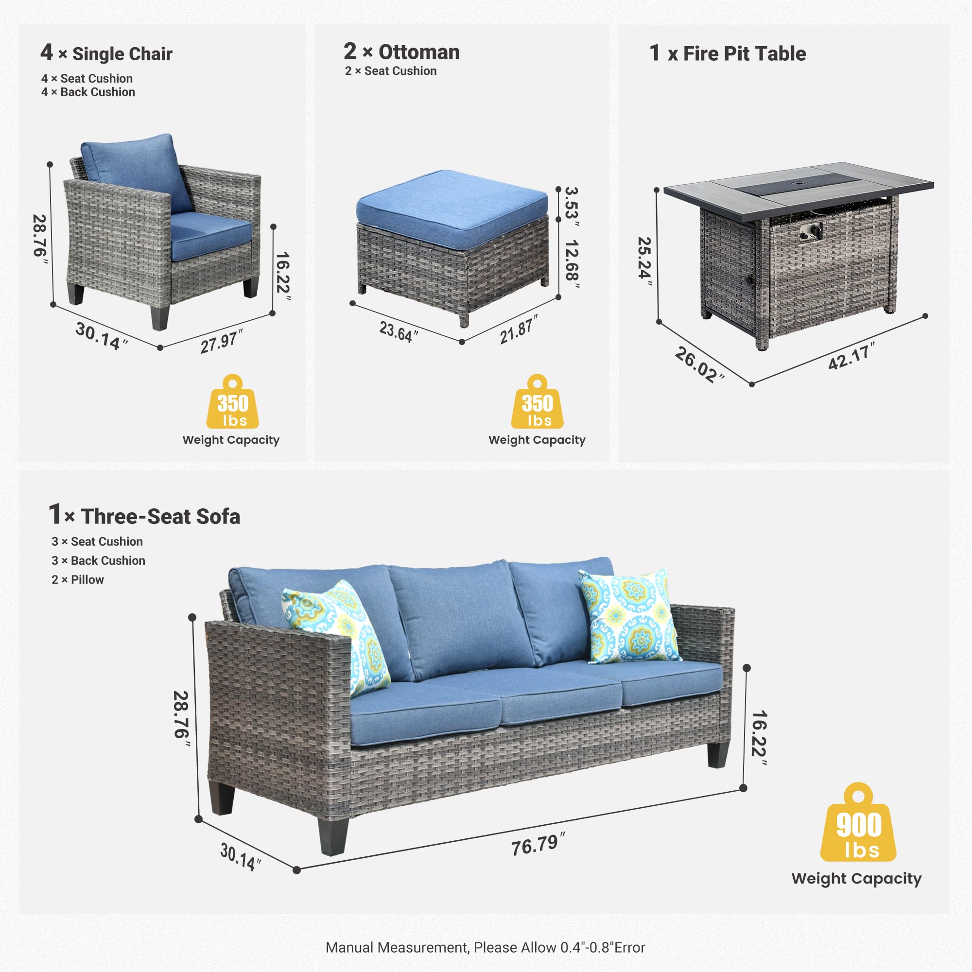 HOOOWOOO Patio Furniture Set,8 Piece Outdoor Furniture with Fire Pit Table,Wicker Patio Conversation Couch Chairs Ottoman Set,Denim Blue