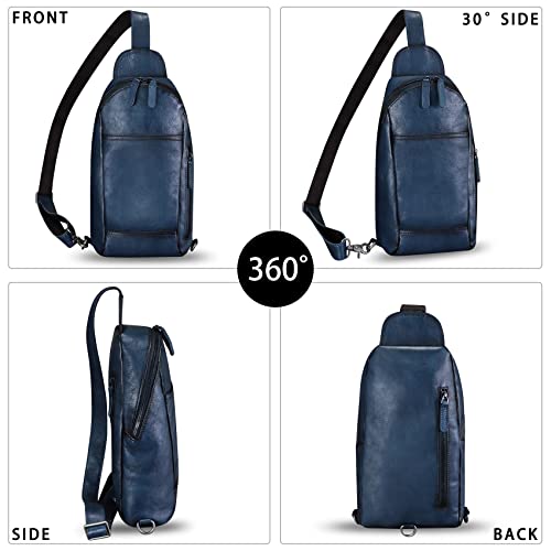 FEIGITOR Genuine Leather Sling Bag Handmade Retro Crossbody Sling Backpack Purse Chest Shoulder Hiking Daypack Fanny Pack (Blue)