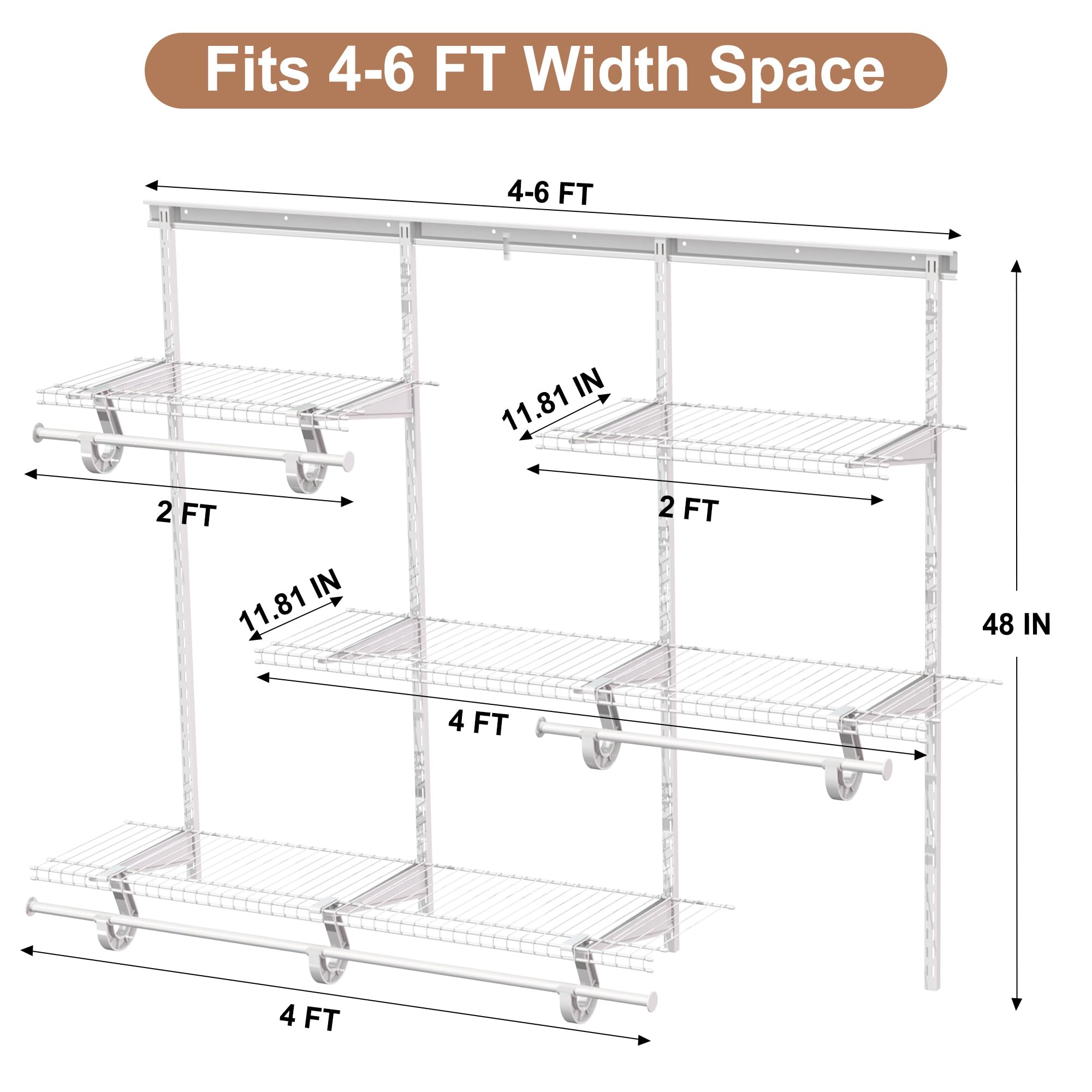 PROWORX 4-6 Ft Closet Organizer System, Adjustable Metal Wire White Closet System, Expandable Walk in Closet Organizers and Storage System, Closet Shelves with Hanging Rods
