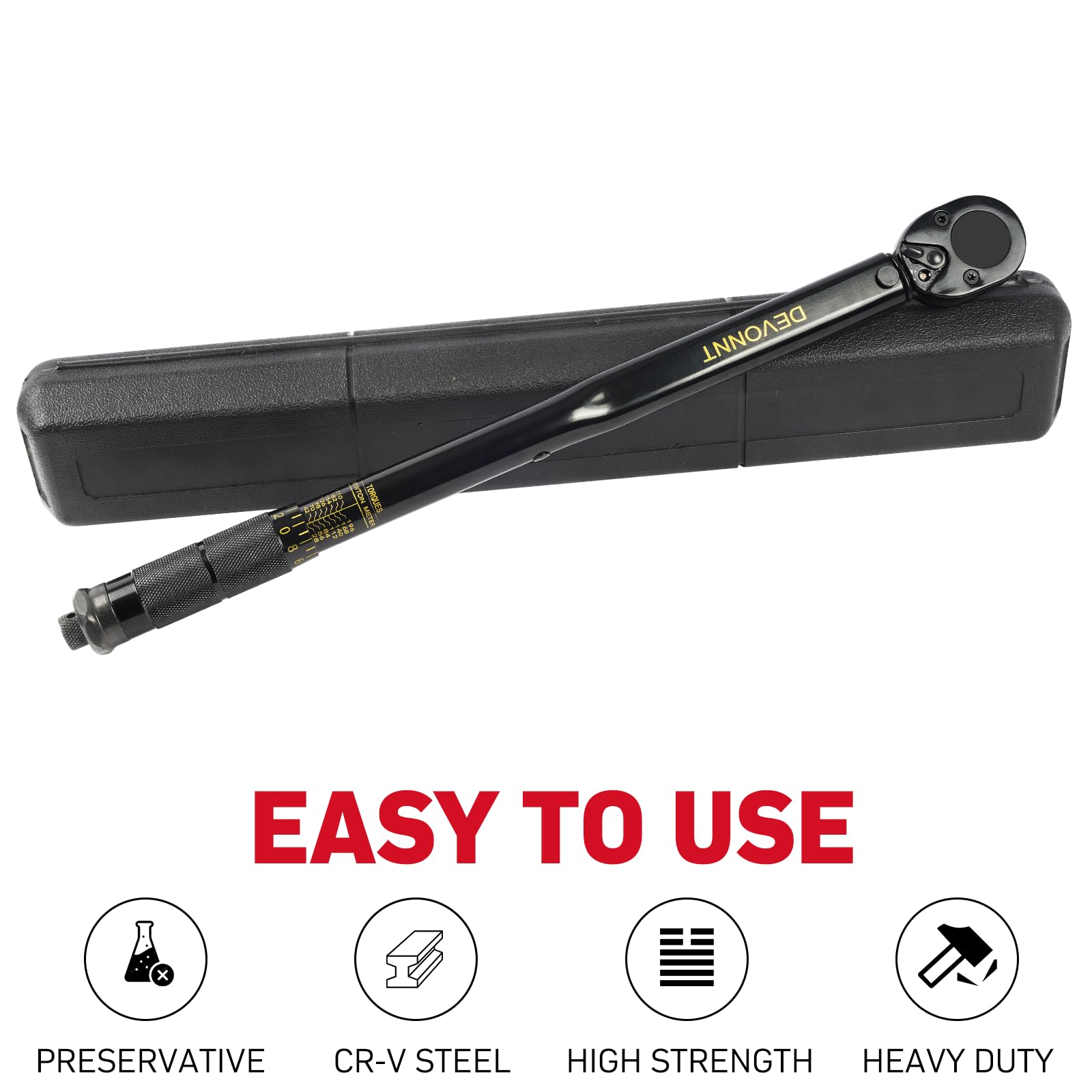 DEVONNT 1/2 Inch Drive Torque Wrench - 20-155 ft.lb/28-210 Nm, Dual-Direction Adjustable 72 tooth Click Torque Wrench with Buckle for Bicycle, Moto, Car Maintenance.Black