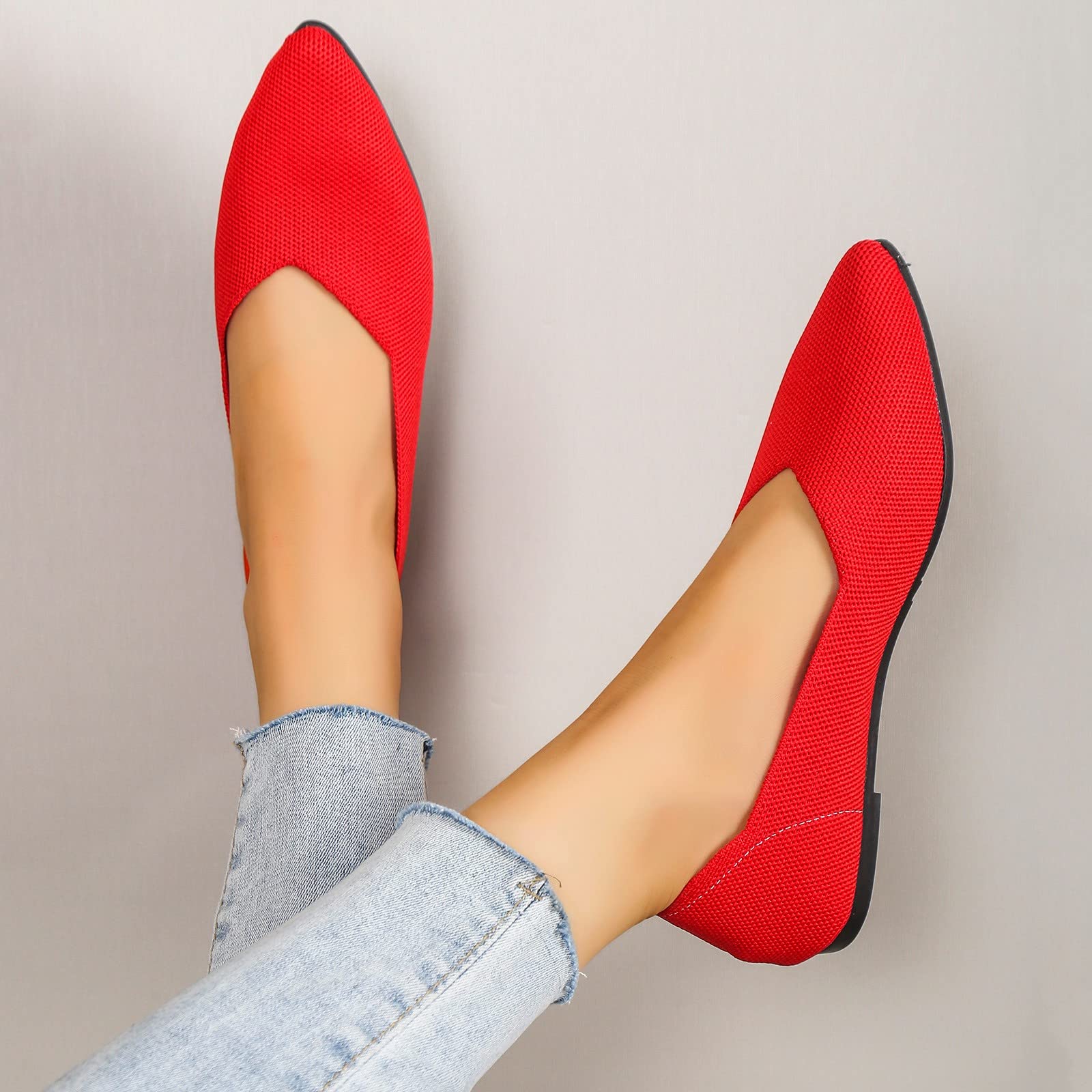 FASDNENDYS Ladies Fashion Solid Color Breathable Mesh Pointed Comfort Flat Casual Shoes Mens Shoes Red