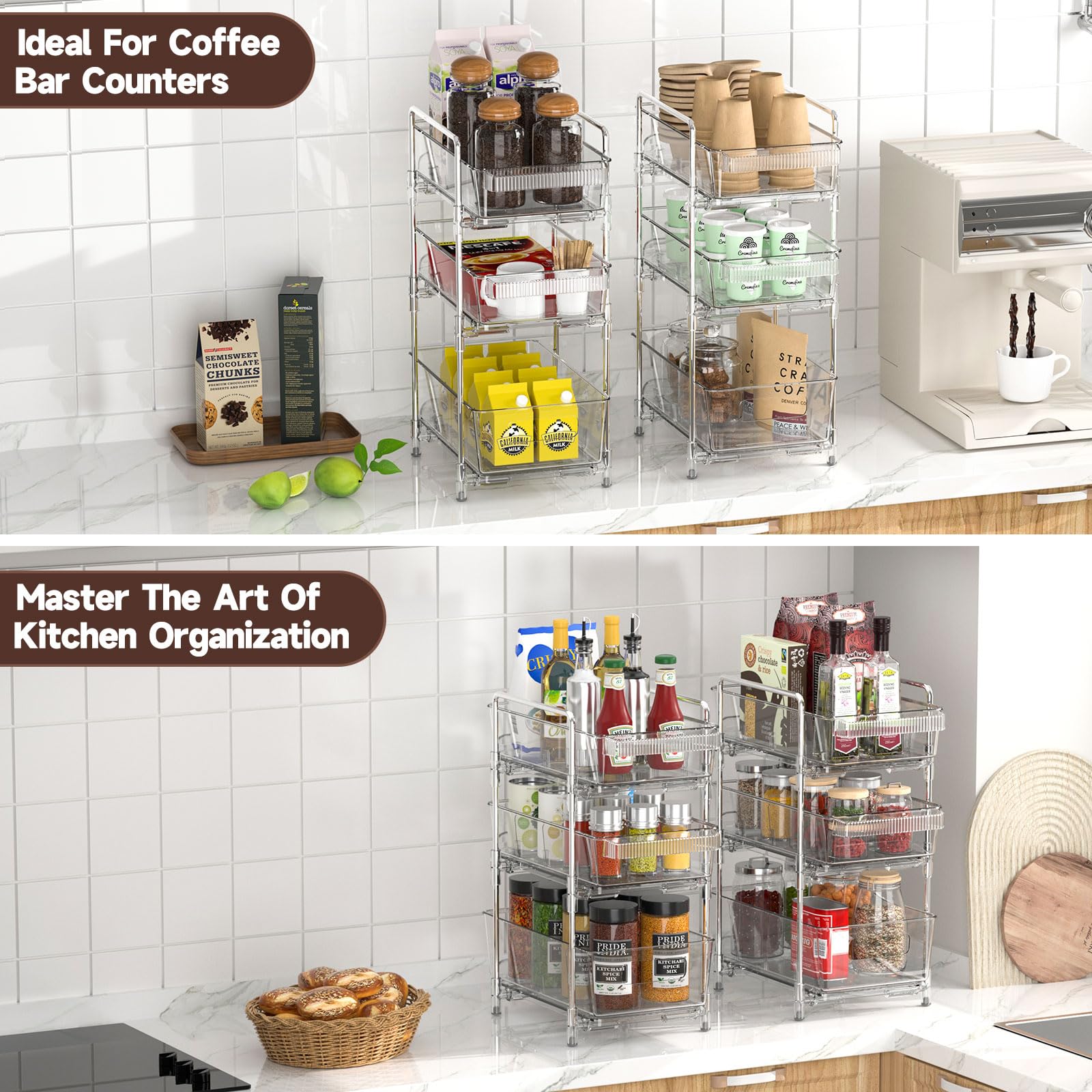 FEIMADA Under Sink Organizers and Storage 2 Packs, 3 Tier Bathroom Organizer Clear Pull out Cabinet Organizer for Bathroom Storage Kitchen Pantry Storage, Medicine Cabinet Organizer with Dividers