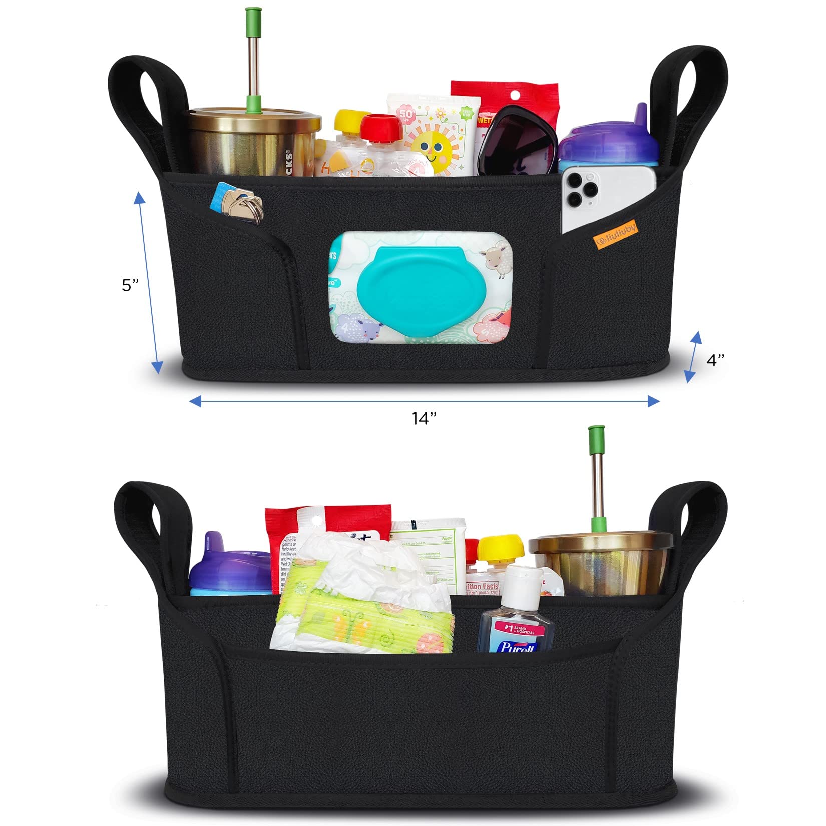 liuliuby Stroller Organizer - Large Storage Space with Cup Holder & Easy Access Wipes Pocket - Customizable Compartments & Universal Fit Stroller Caddy - Parent Console Accessories - Vegan Leather