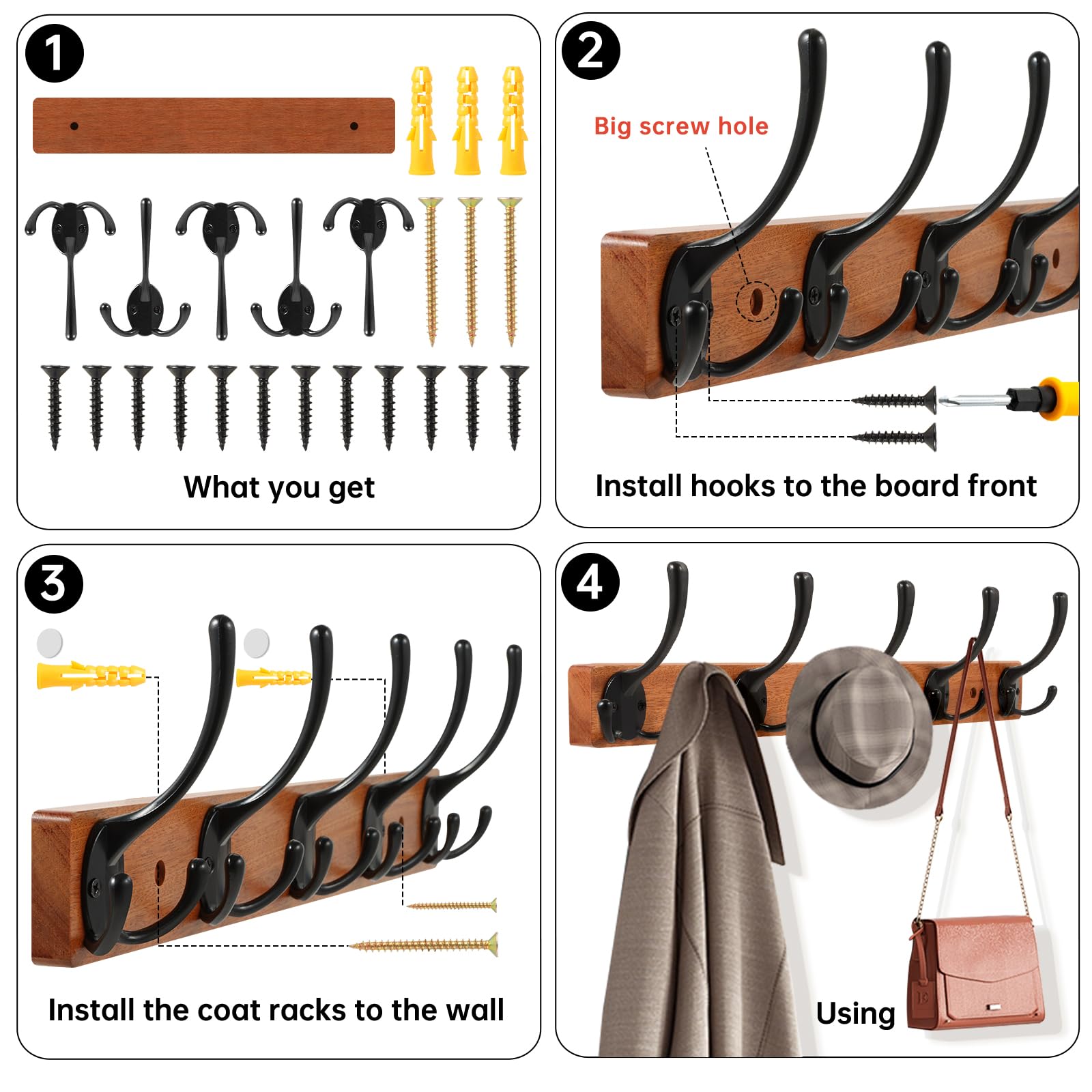 IBosins Coat Rack Wall Mount, 33.5'' Long, Entryway Hanging Hooks Rack, Metal Wood Coat Rack with 8 Black Tri-Hooks, Wooden Decorative Hooks Rail for Coat, Scarf, Bag, Towel, Hat, Key