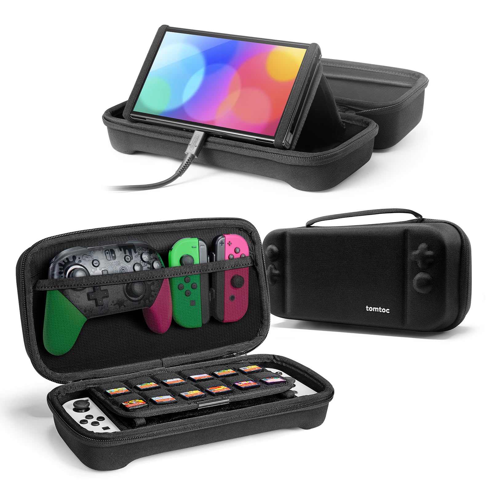 tomtoc Carrying Case for Nintendo Switch/OLED Model, Large Travel Switch Case with Pocket for Pro Controller, Joy con Grip or AC Adapter, Protective Portable Carry Case with 24 Game Cartridges