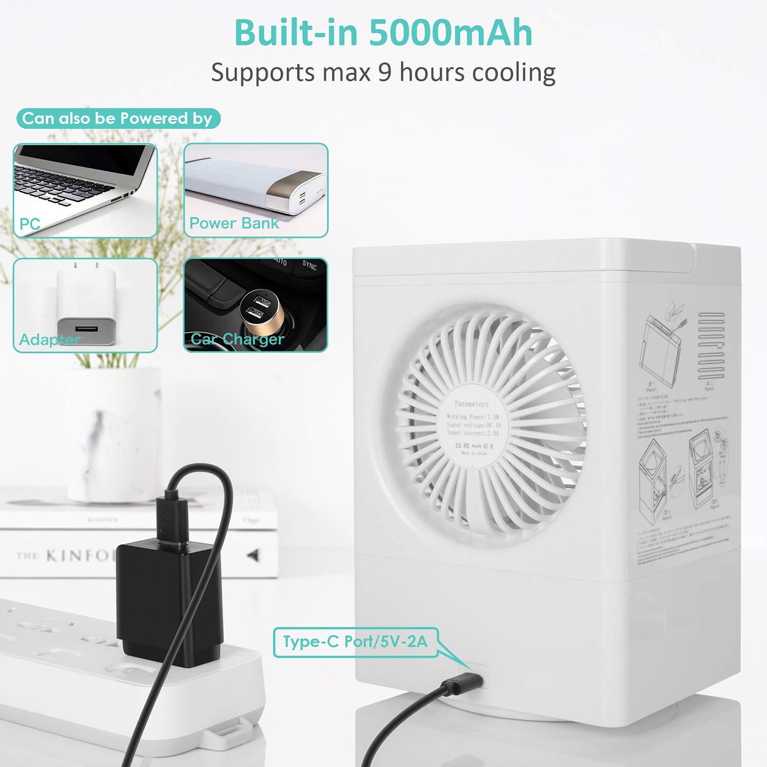 Evaporative Air Cooler 5000mAh Battery Operated Personal Portable Air Conditioner for Room Office Table Outdoor-700ML Water Tank Auto Oscillation