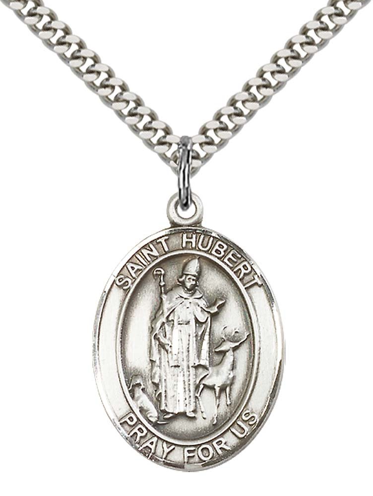 F A Dumont Sterling Silver St. Hubert of Liege Pendant with 24" Stainless Steel Heavy Curb Chain. Patron Saint of Archers/Hunters/Dogs
