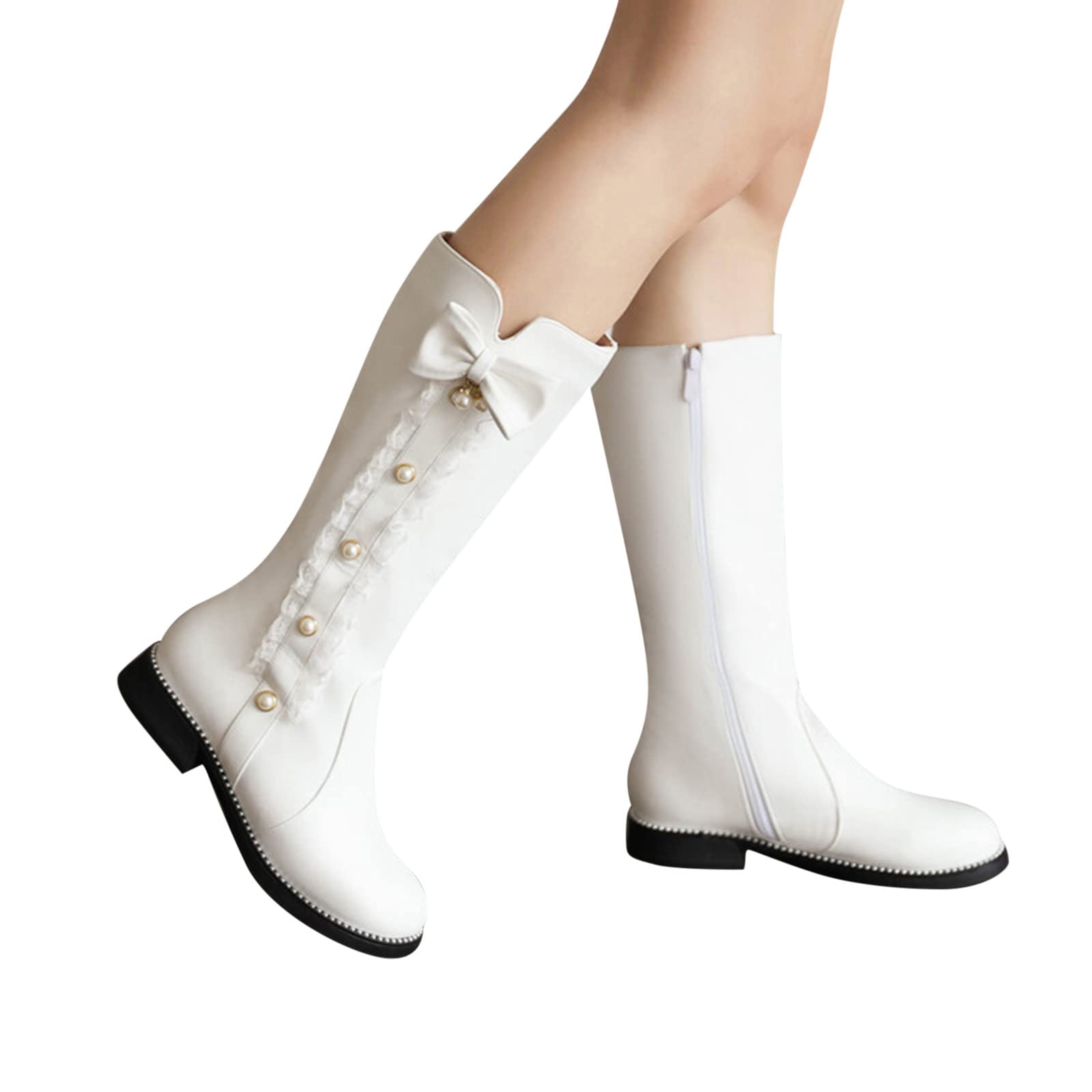 FASDNENDYS Ladies Cute Fashion Bow Solid Color Flat Round Toe Square Heel Middle Long Student Style Boots Low Rubber Shoes Women White