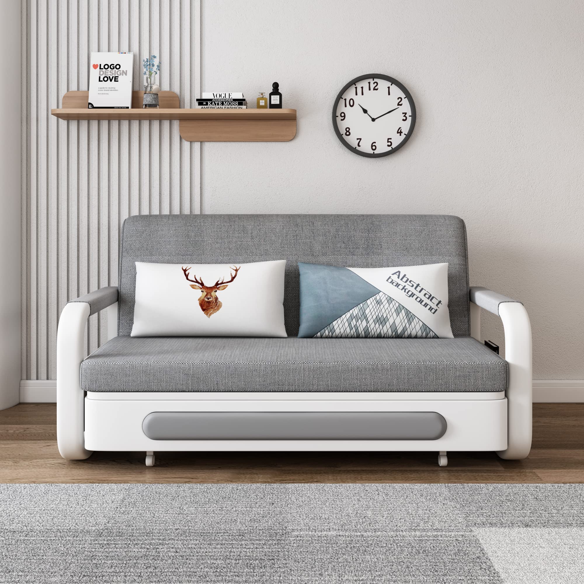 Luck Idea 62" Modern Light Gray Cotton Linen Upholstered Convertible Pull Out Sofa Bed with Storage, Perfect for Living Room or Bedroom (34.6" D x 62.2" W x 34.2" H)