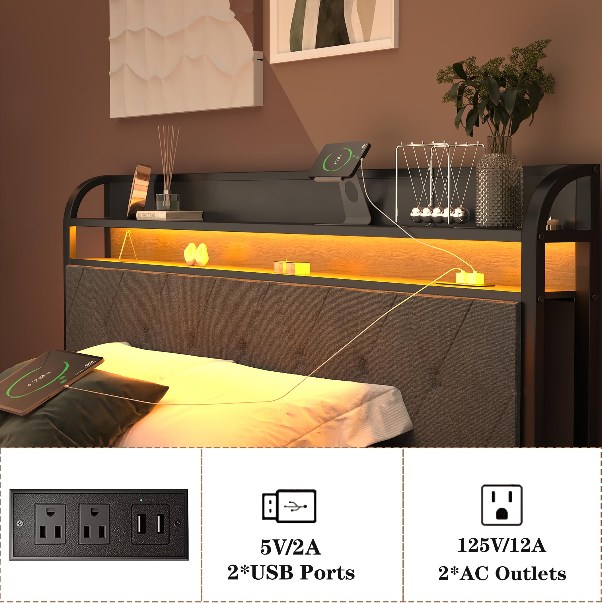 Ptsyz Bed Frame Full Size with Charging Station and LED Lights,Upholstered Headboard with Storage Shelves（Dark Grey），Noise Free，Easy Assembly，No Box Spring Needed，Sturdy and Durable.
