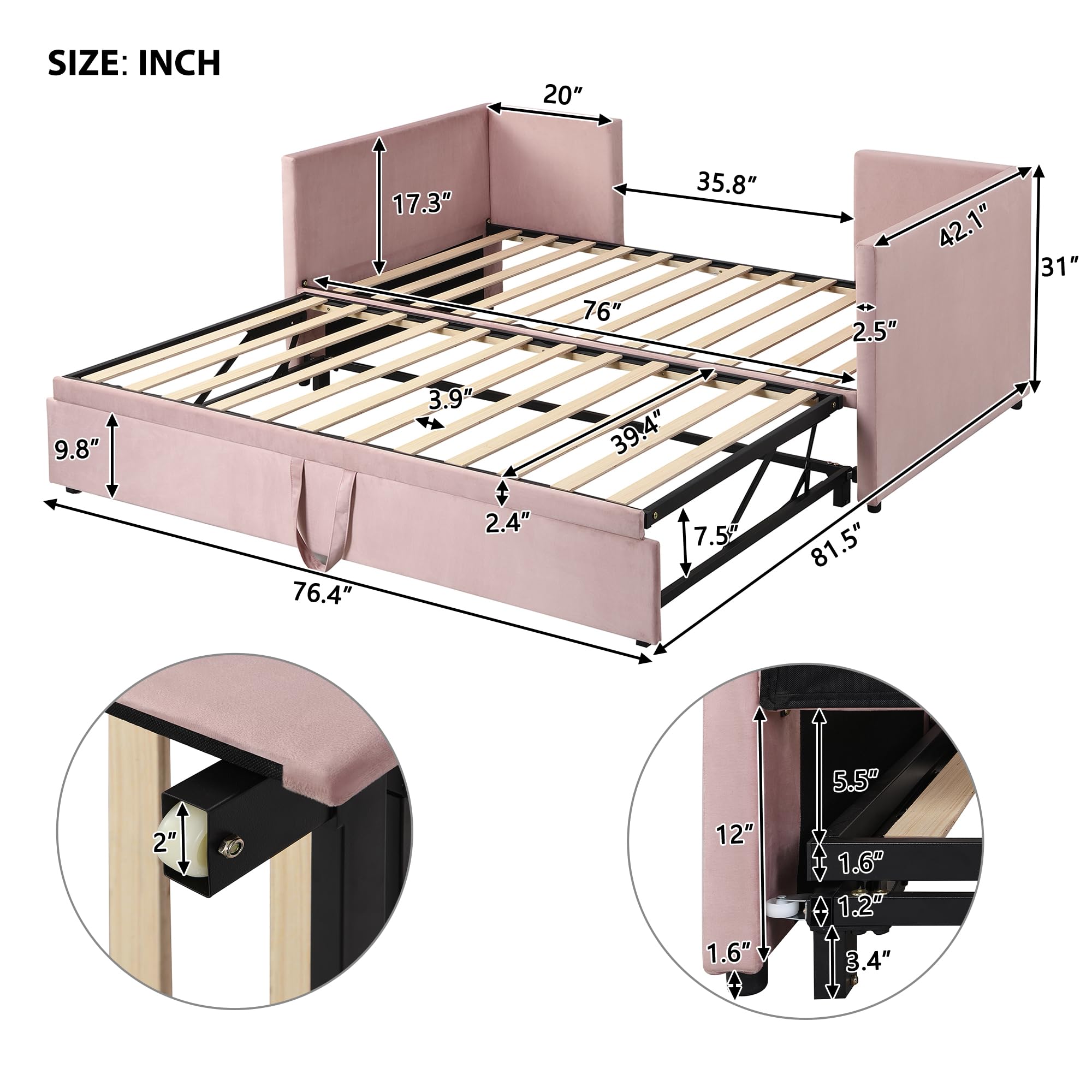 Luxo Abode Elegant Design Twin Size Upholstered Velvet Daybed with Pop Up Trundle, Backrest and 2 Armrests, No Box Spring Need and Easy to Assembly, for Boys and Girls Room, Apartment, Gray