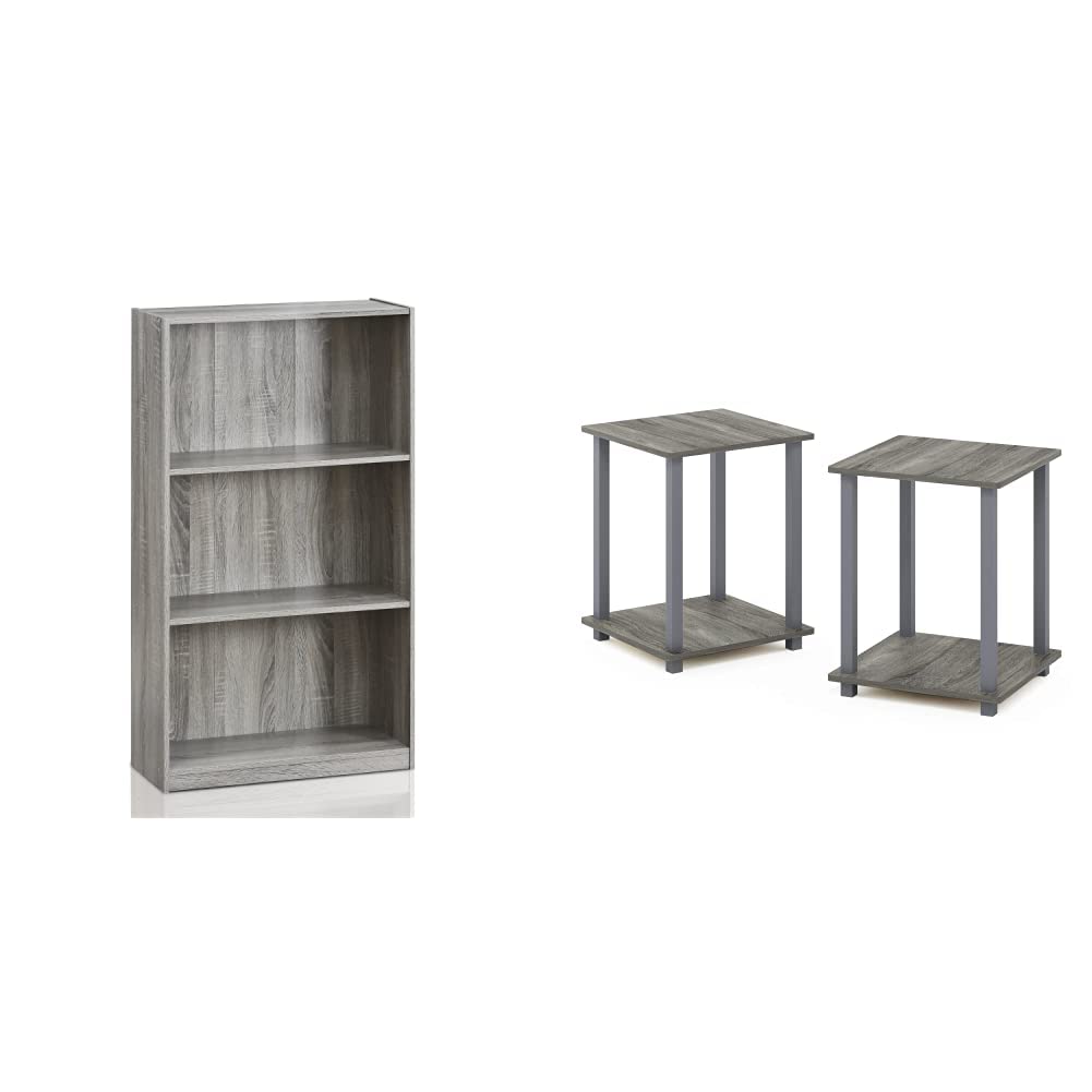 Furinno Basic 3-Tier Bookcase + 2 End Tables – Storage Shelving Unit and Nightstands in French Oak Grey