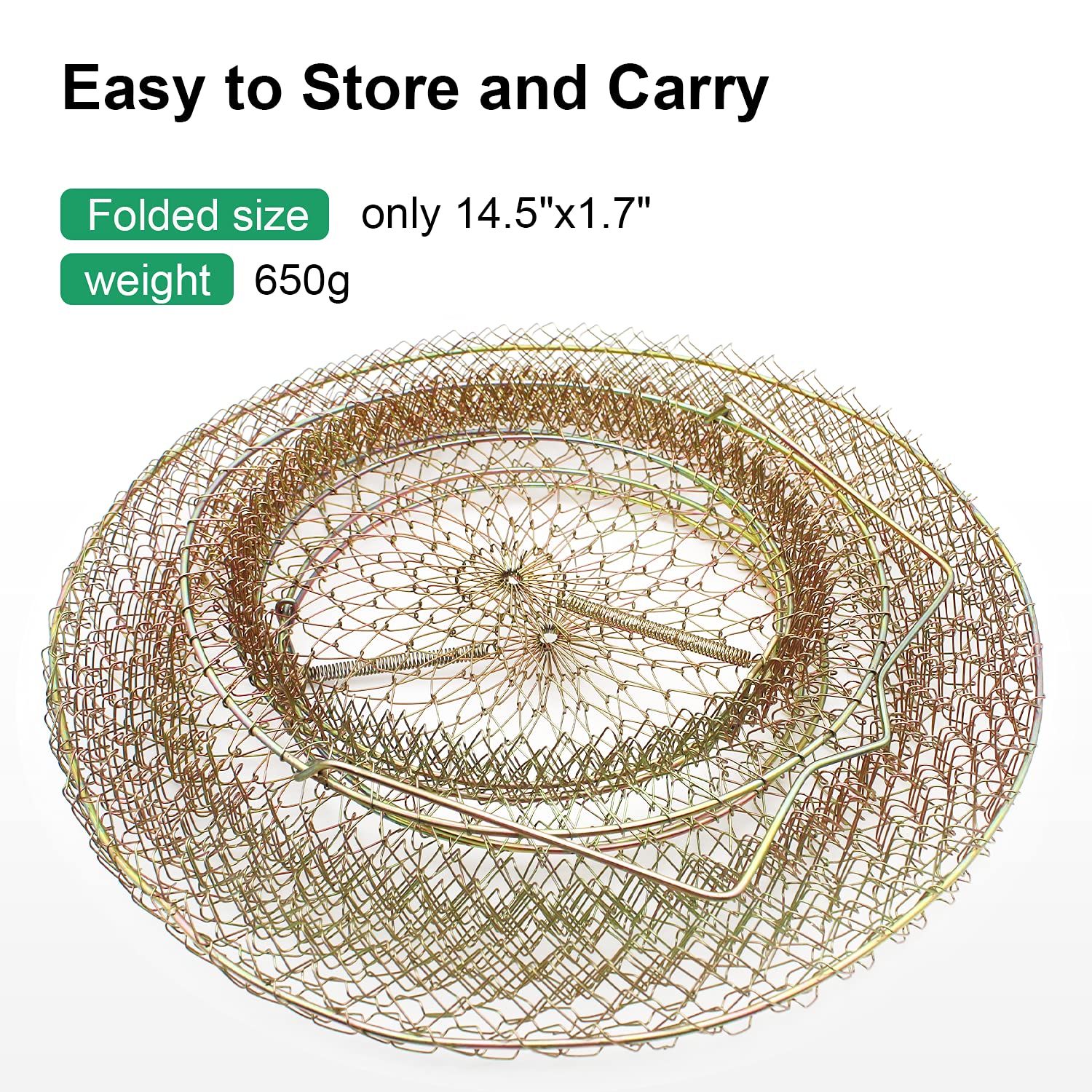 FishingPepo 15inch Galvanized Steel Wire Crab Basket, with Handle Foldable Fshing net cage is Strong and Easy to use for Outdoor Crab Angling Tackles Fish Protection (Approximately 38cm)