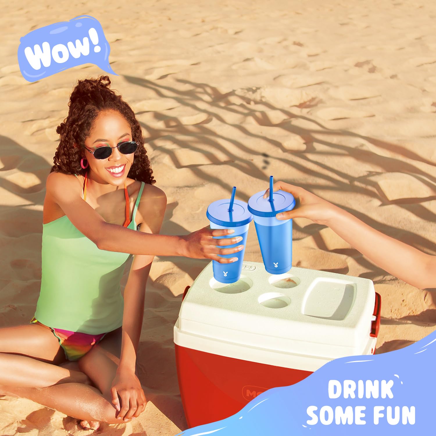 Meoky Plastic Cups with Lids and Straws - 6 Pack 24 oz Tumblers Bulk for Iced Coffee, Reusable Color Changing Cups for Party, Car, Women, Adults, BPA-free (Blue)