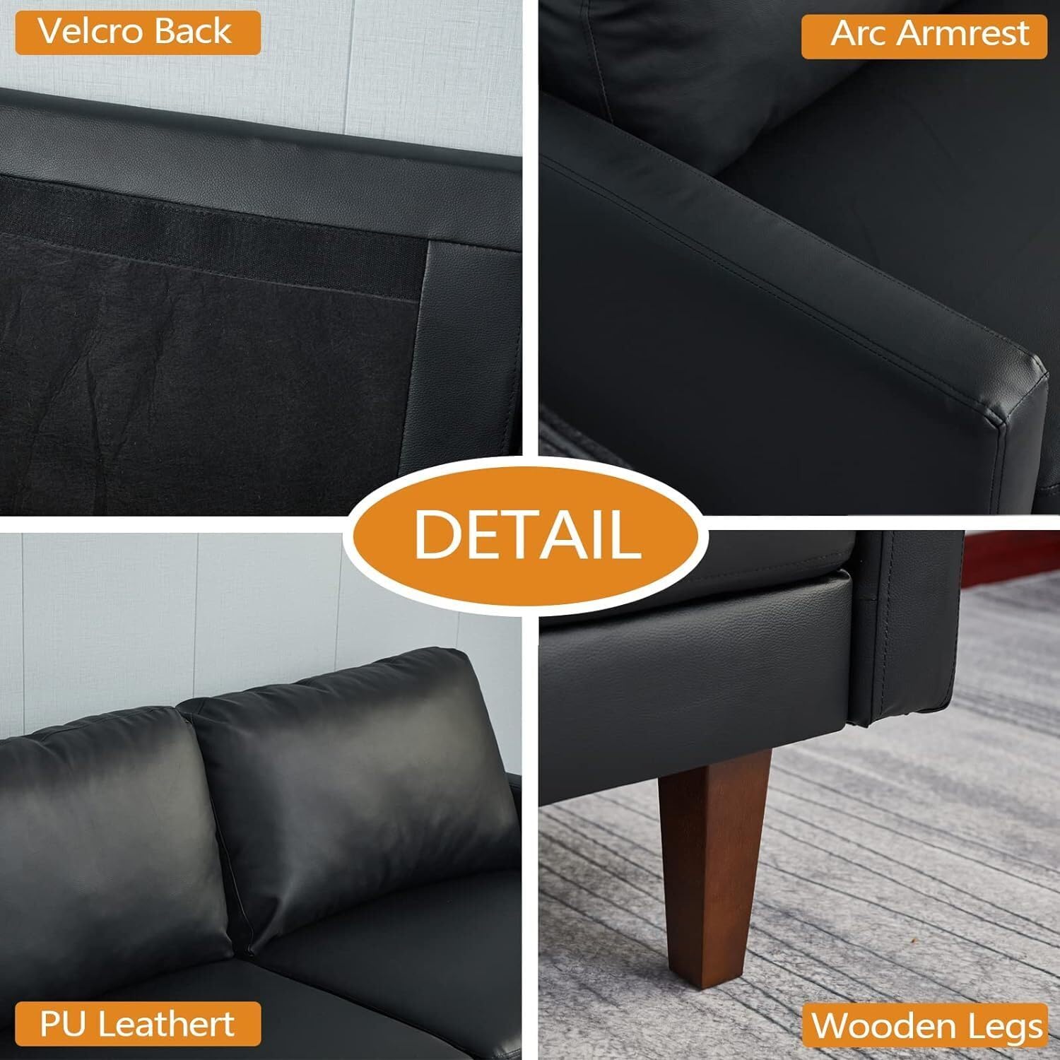 HomeStock Rococo Radiance Leather Upholstered, Comfy Couch Modern Sofa with Wooden Legs for Living Room, Office, Removable Cushions, Wooden Legs Black/Loveseat